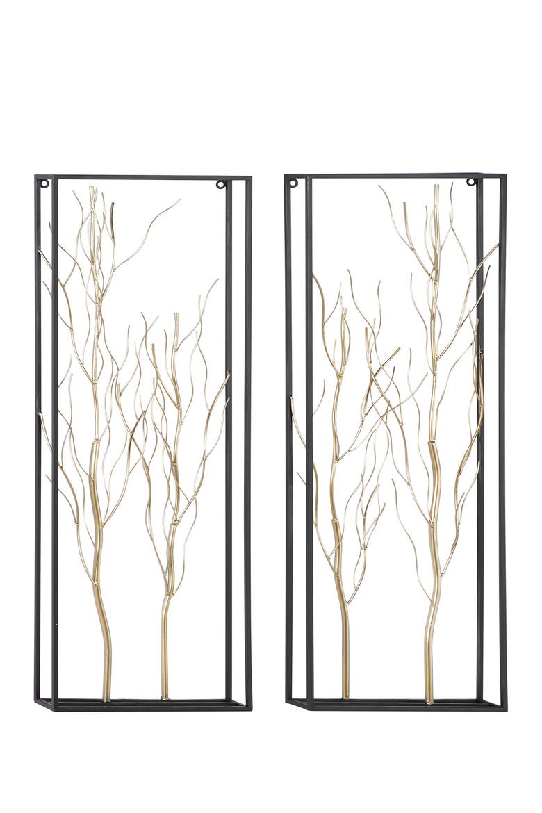 Goldtone Metal Branch Tree Wall Decor with Black Frame - Set of 2 ...