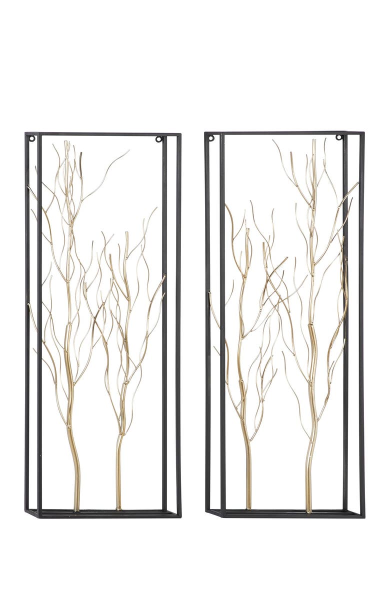 WILLOW ROW Goldtone Metal Branch Tree Wall Decor with Black Frame - Set ...