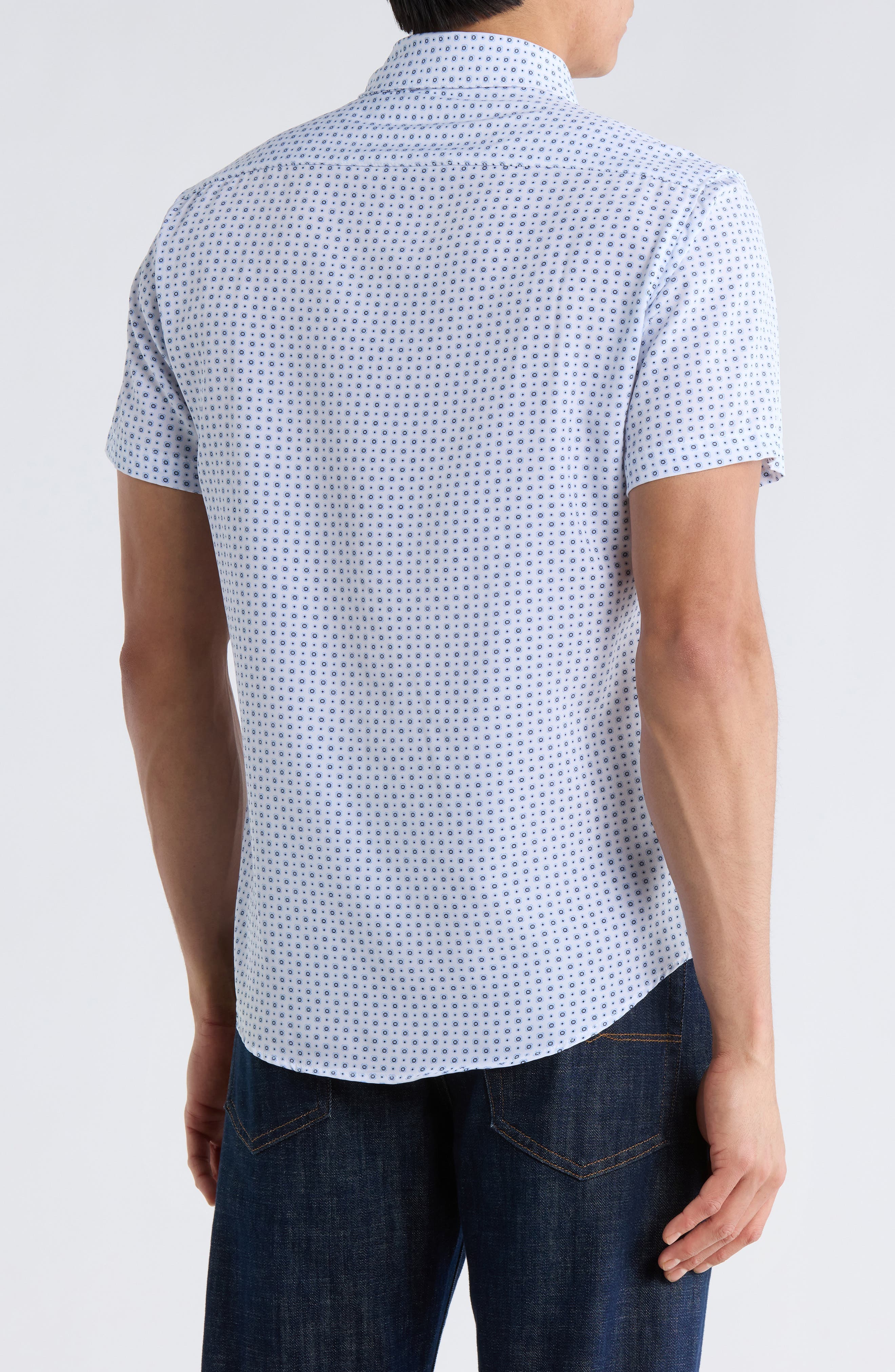 DENIM AND FLOWER Dressy Tech Geometric Print Short Sleeve Button-Up ...