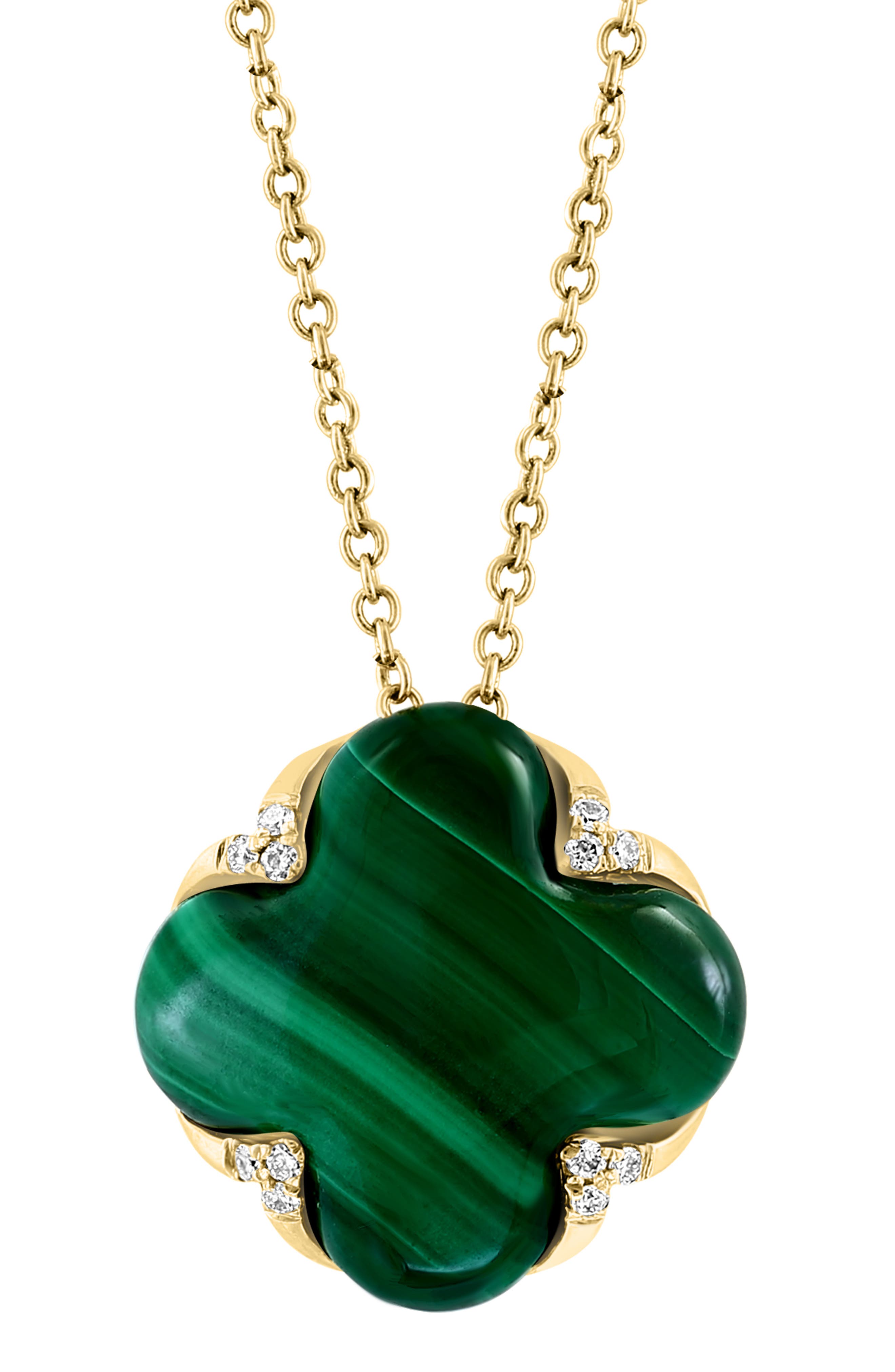 EFFY 14K Yellow Gold Malachite & Diamond Quatrefoil Pendant Necklace ...