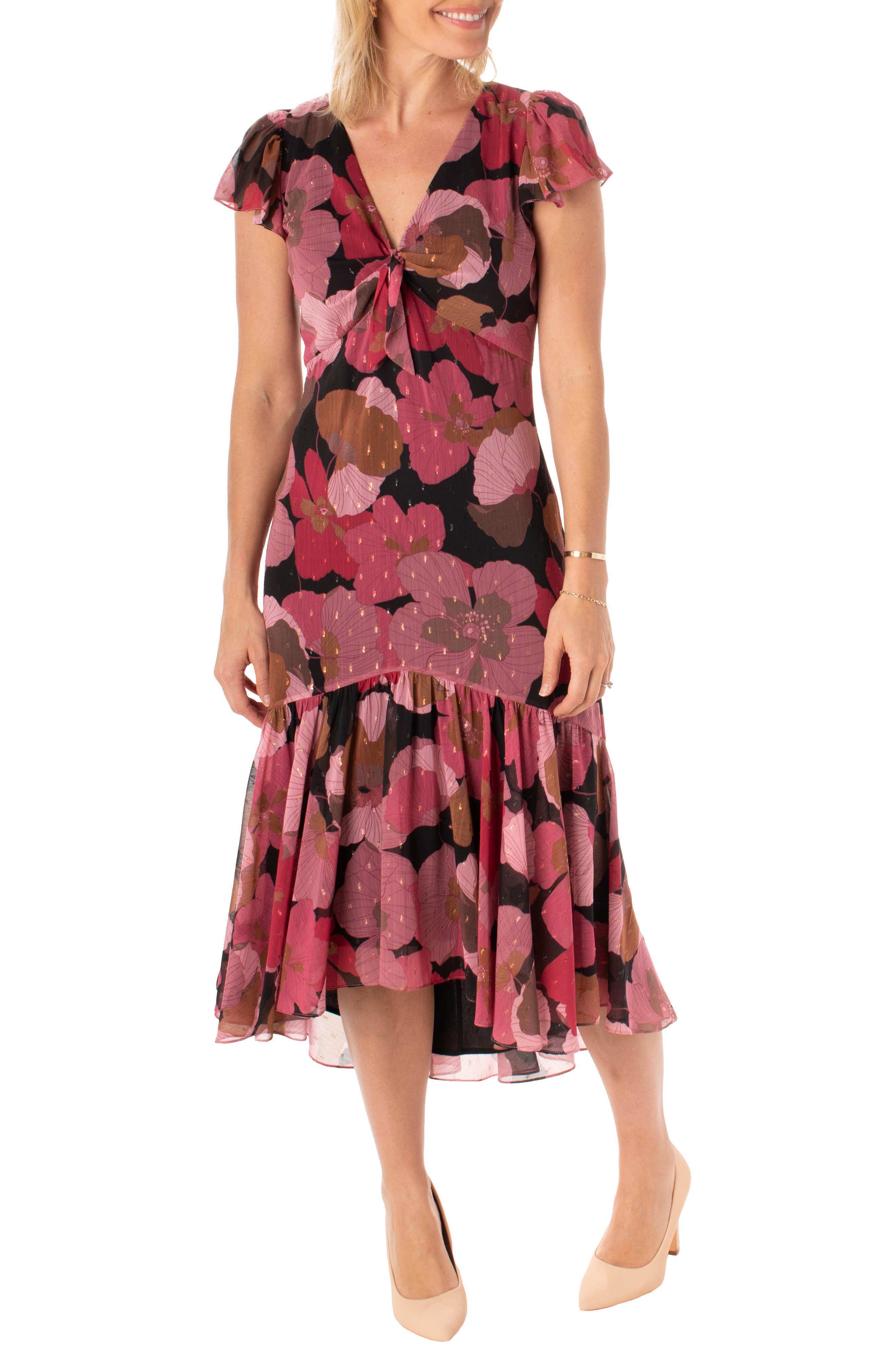 Floral Flutter Sleeve High-Low Midi Dress (Women) | Nordstromrack