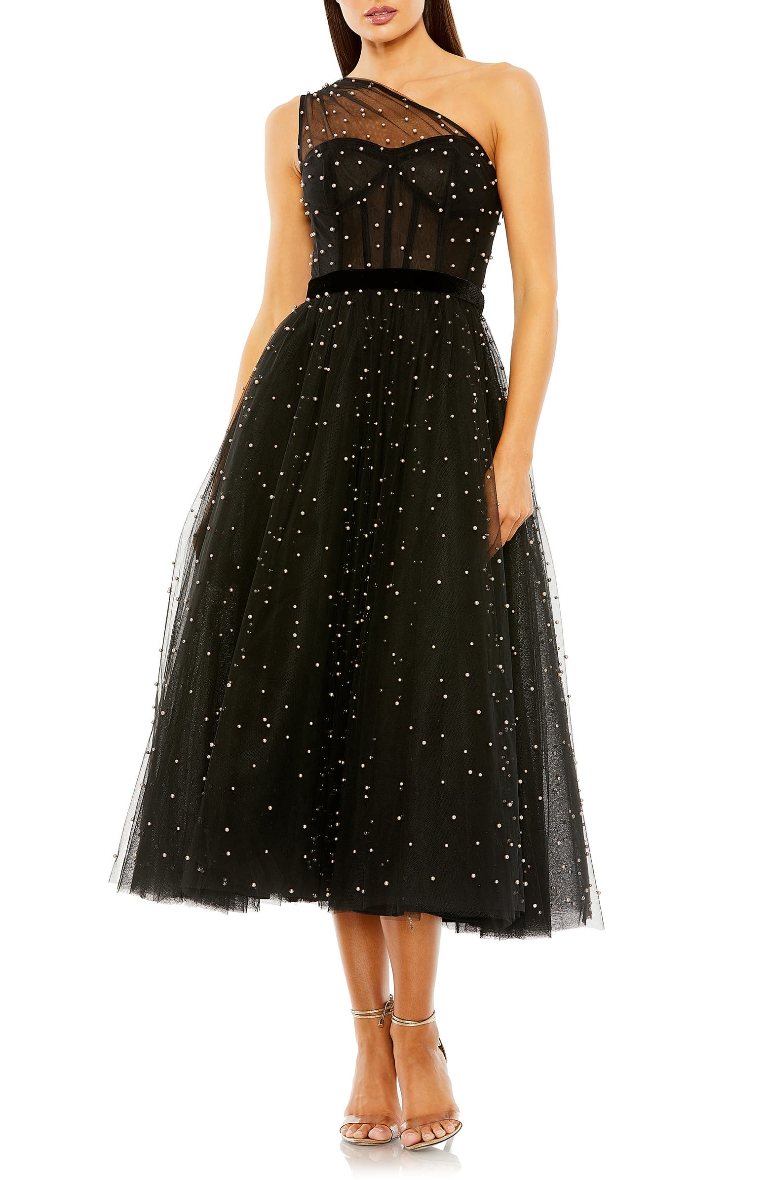 Mac Duggal Imitation Pearl Detail One Shoulder Cocktail Midi Dress