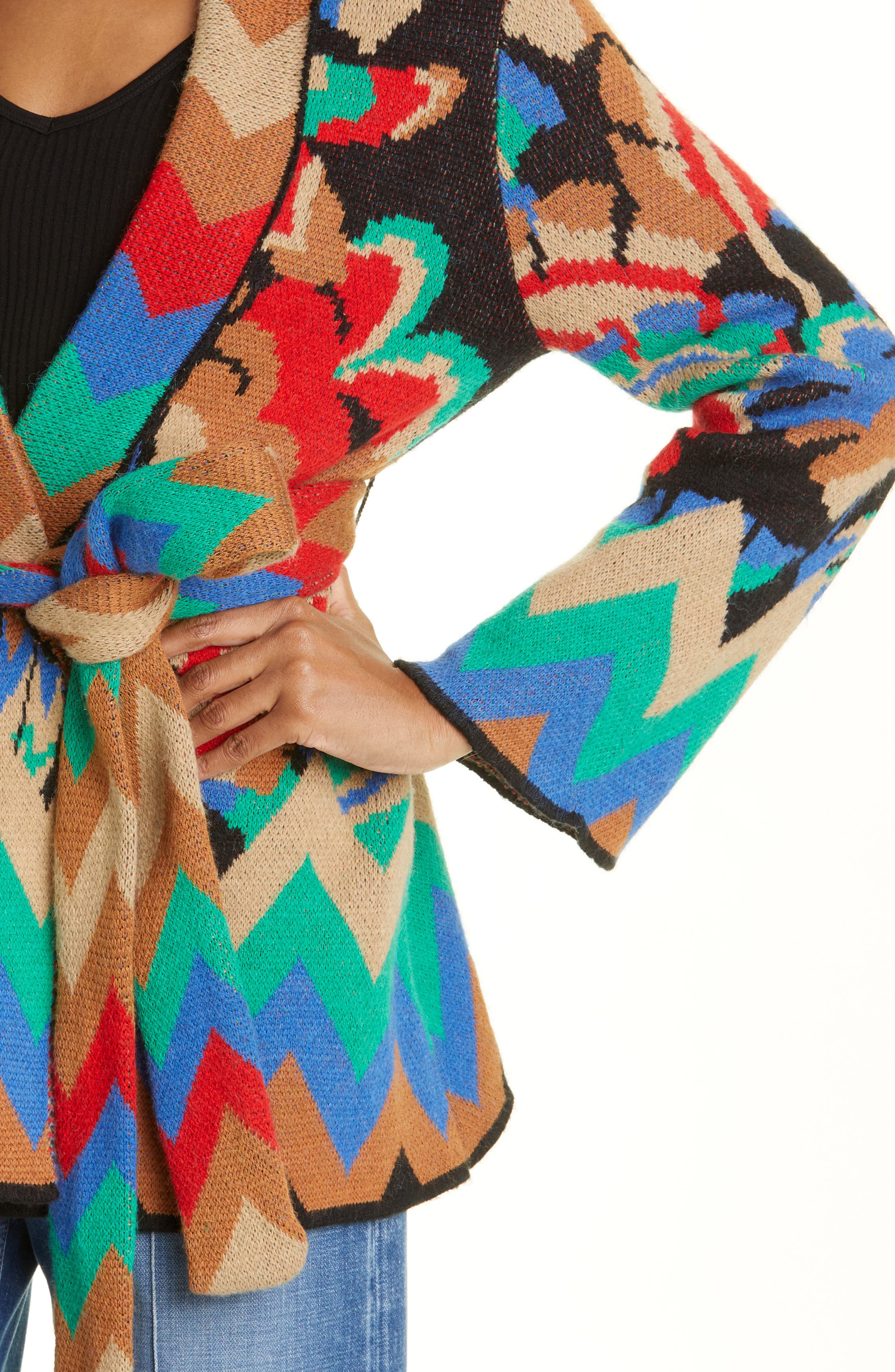 FARM Rio Chevron Forest Jacquard Belted Cardigan | Nordstrom