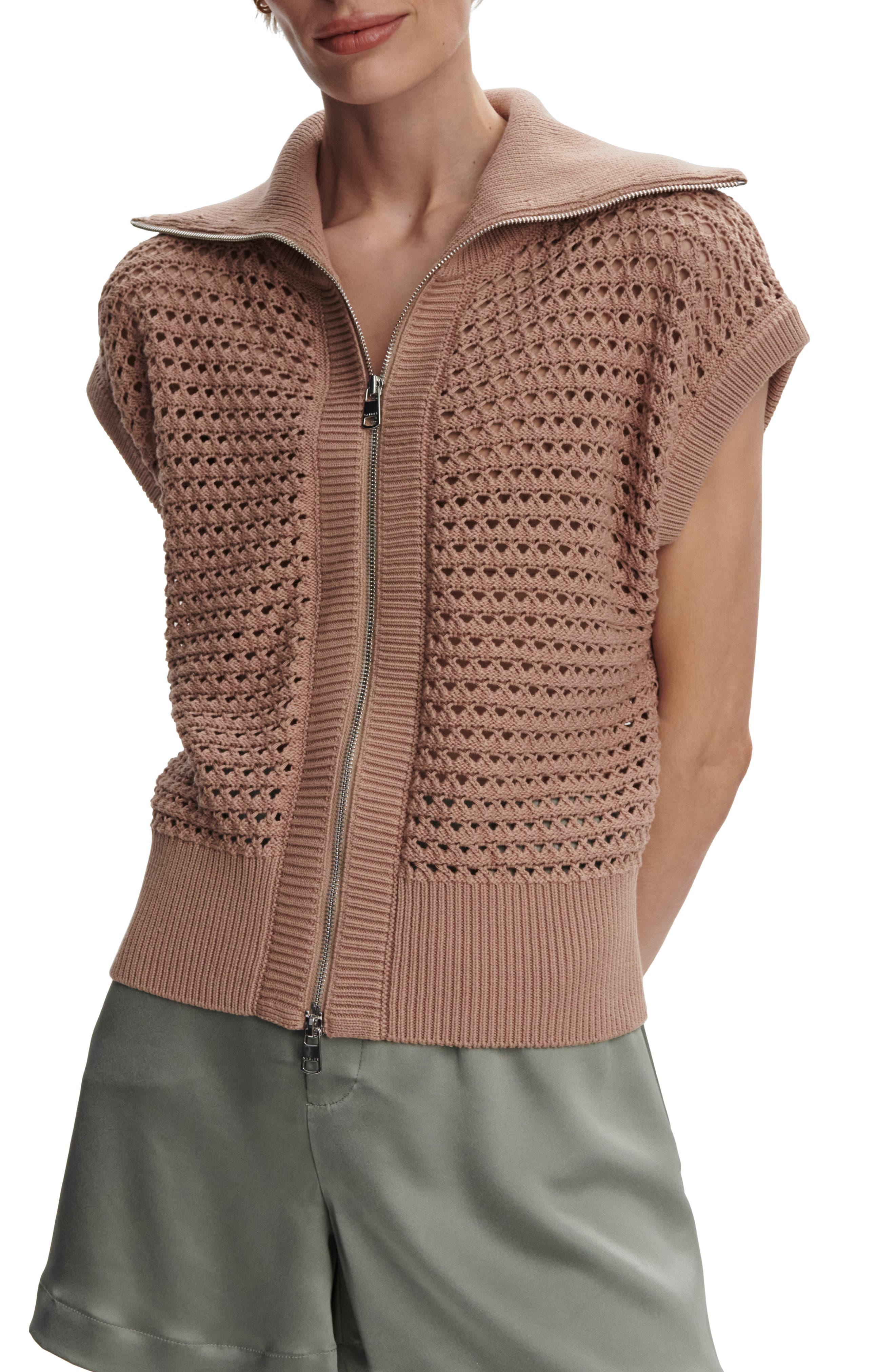 Varley Liliana Open Stitch Short Sleeve Zip-Up Cardigan | Nordstrom