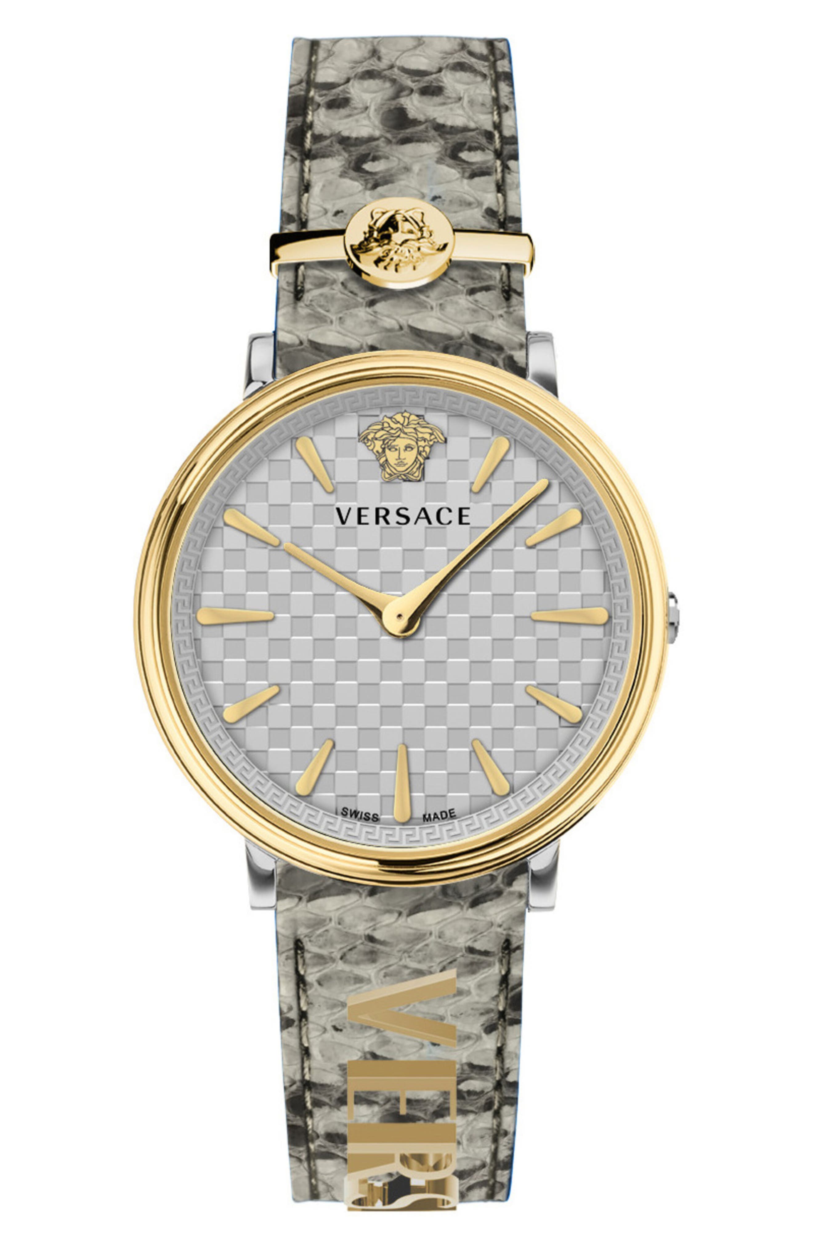 Versace V-Circle Guilloché Dial Calf Leather Strap Watch, 38mm ...