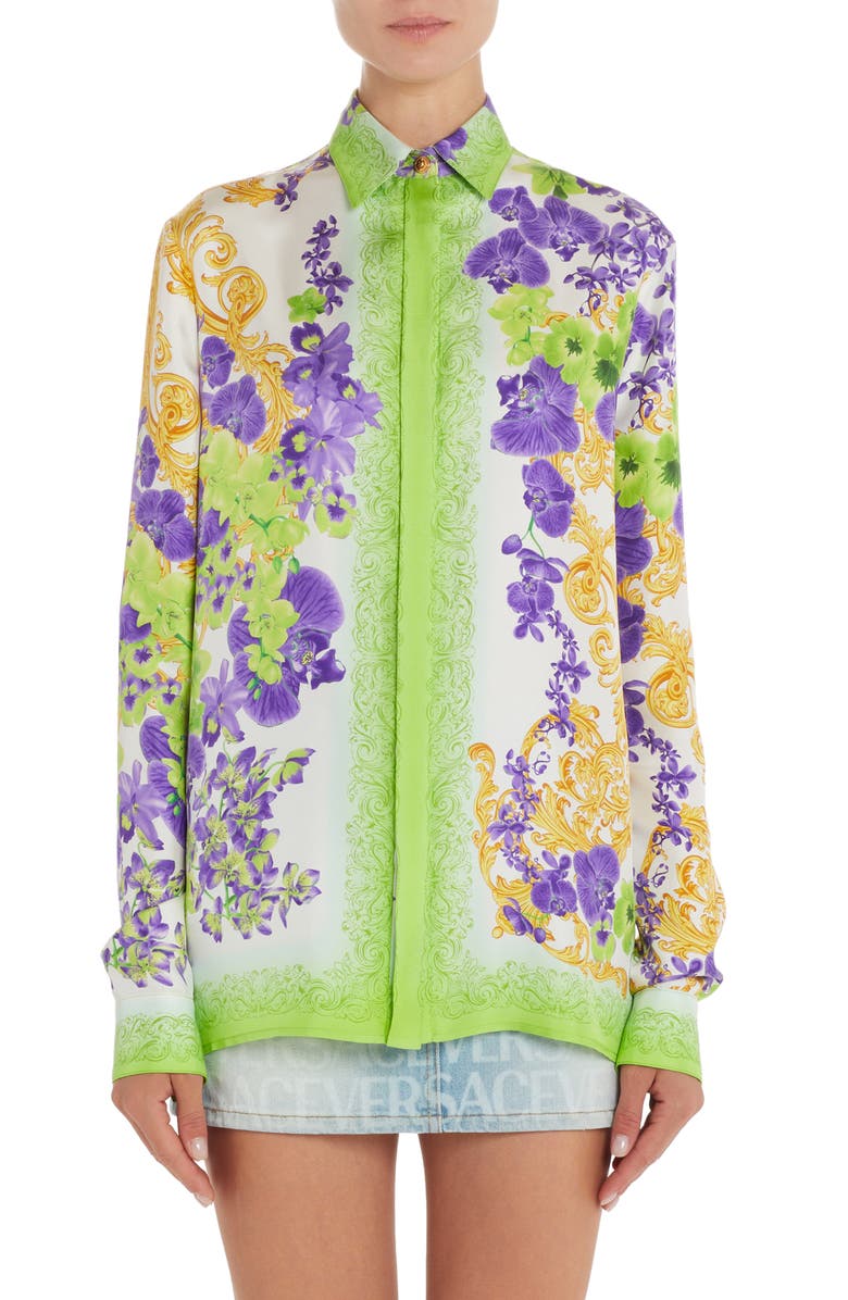 Versace Orchid Medusa Print Silk Button-Up Blouse | Nordstromrack