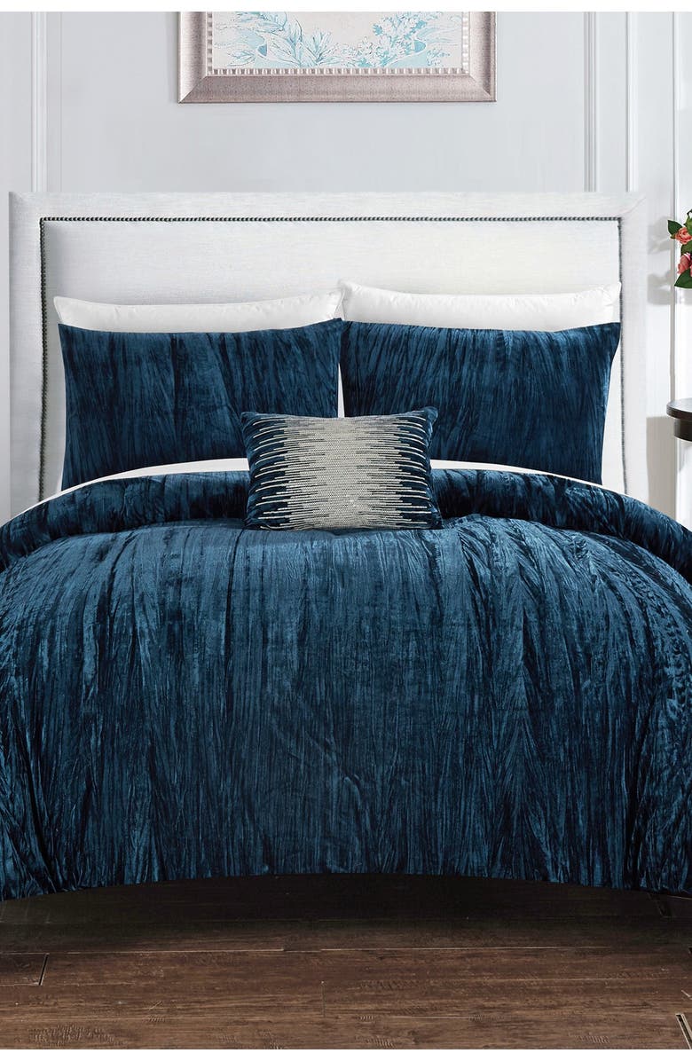 CHIC King Merieta Rich Textured Crinkle Velvet Design Comforter 4-Piece ...