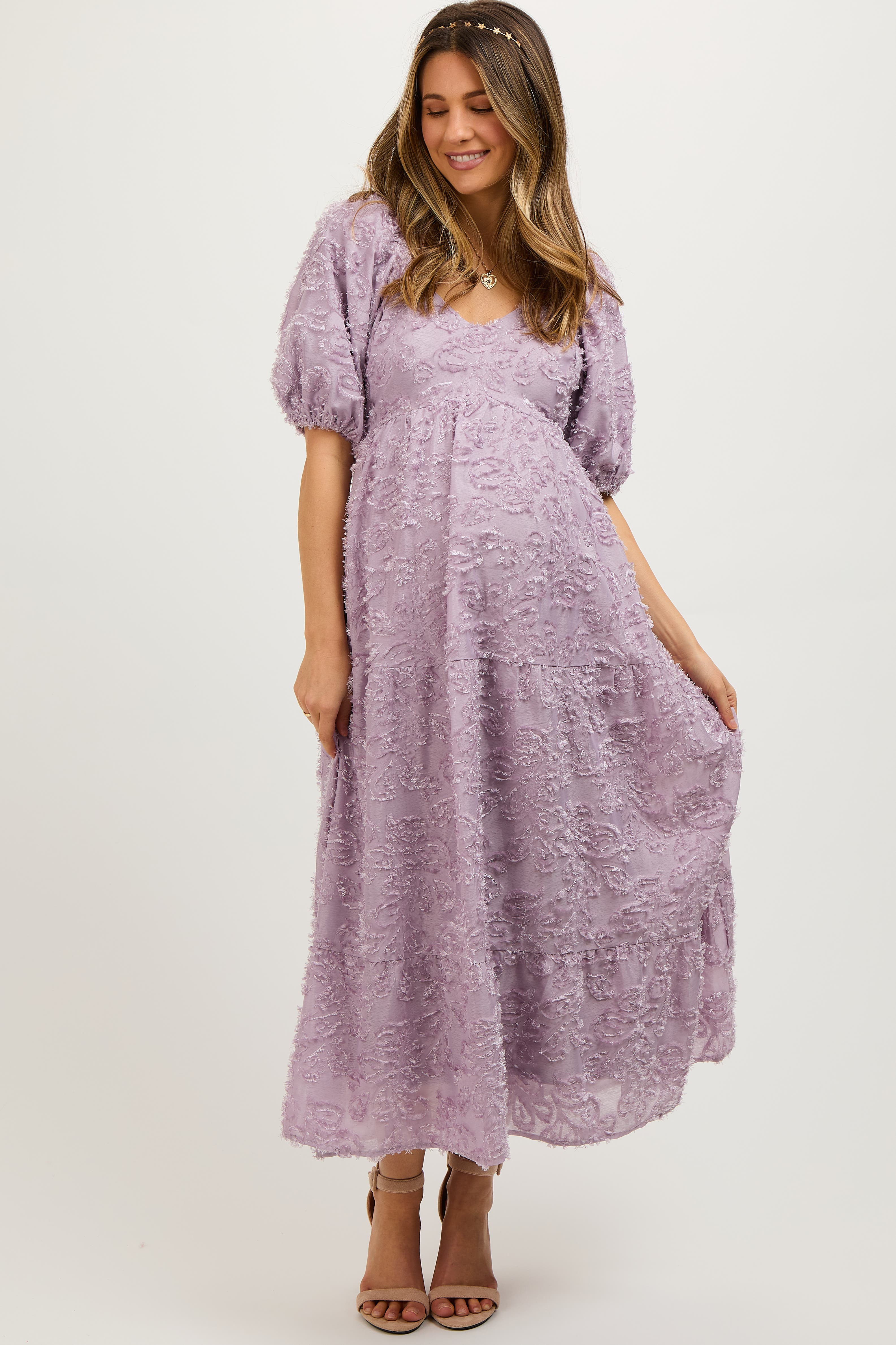 PinkBlush Fringe Textured Short Puff Sleeve Midi Dress | Nordstrom