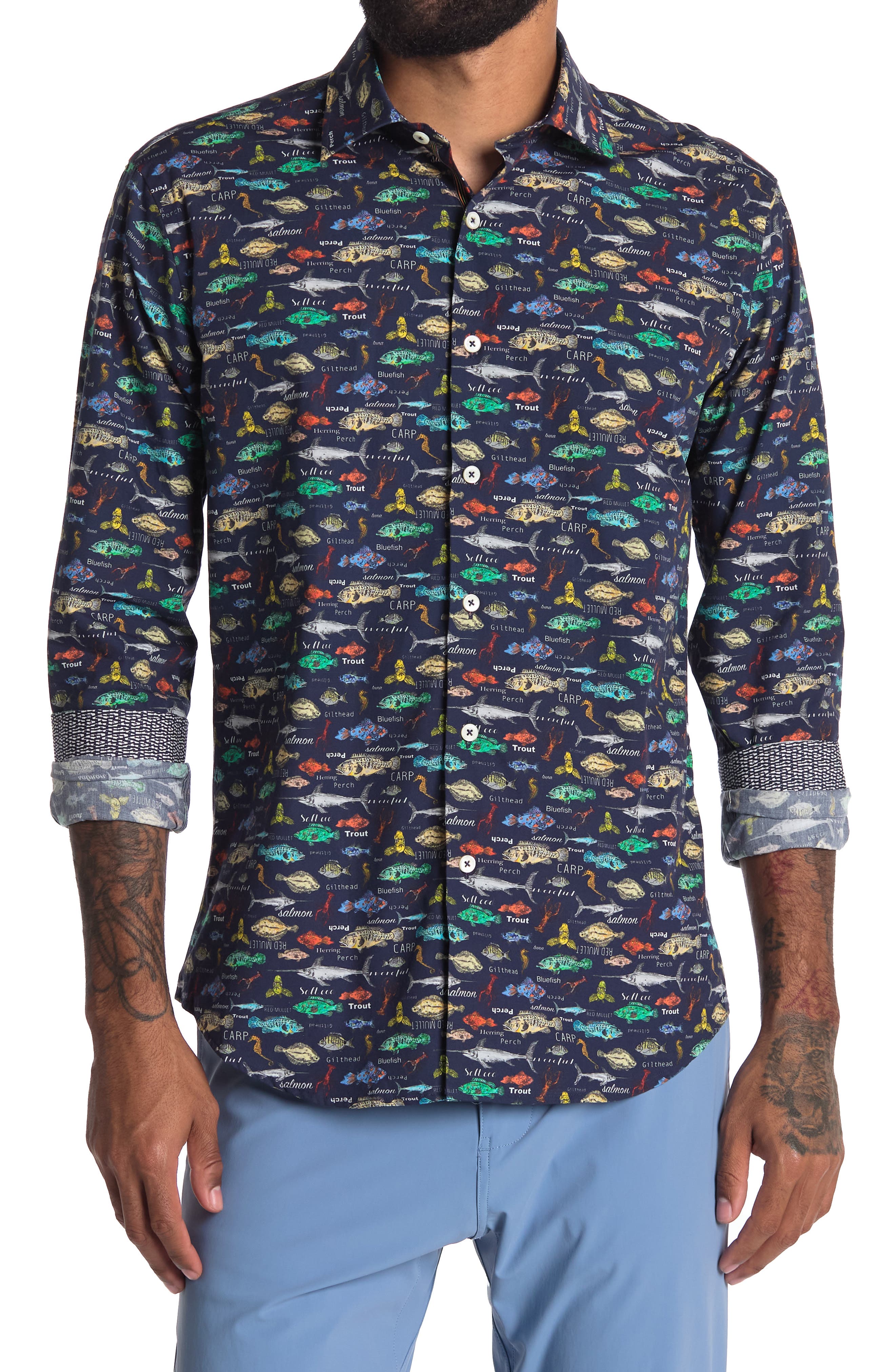 Bugatchi Fish Print Shaped Fit Shirt | Nordstromrack