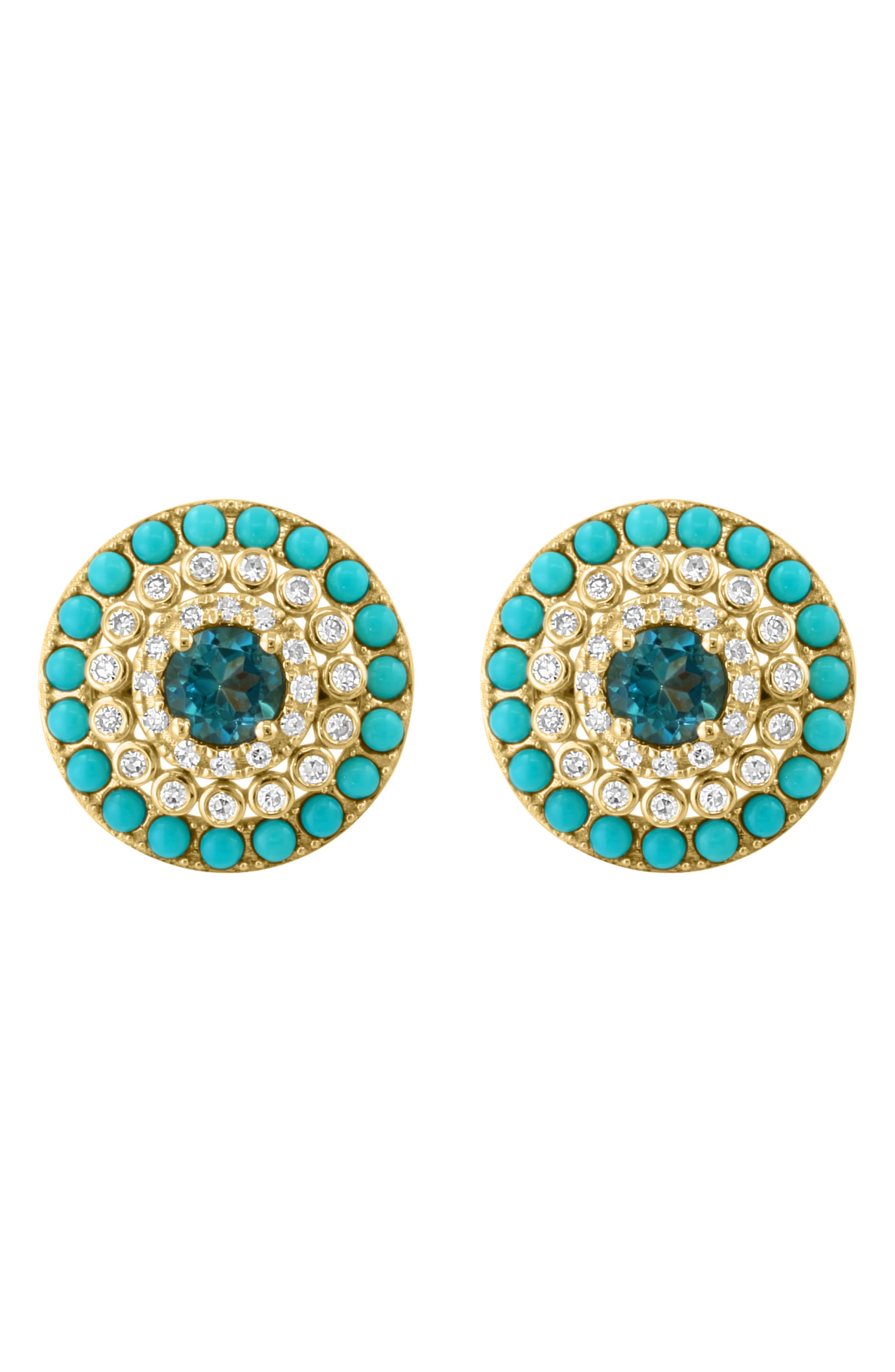 EFFY 14K Yellow Gold London Blue Topaz, Turquoise and Diamond Stud ...