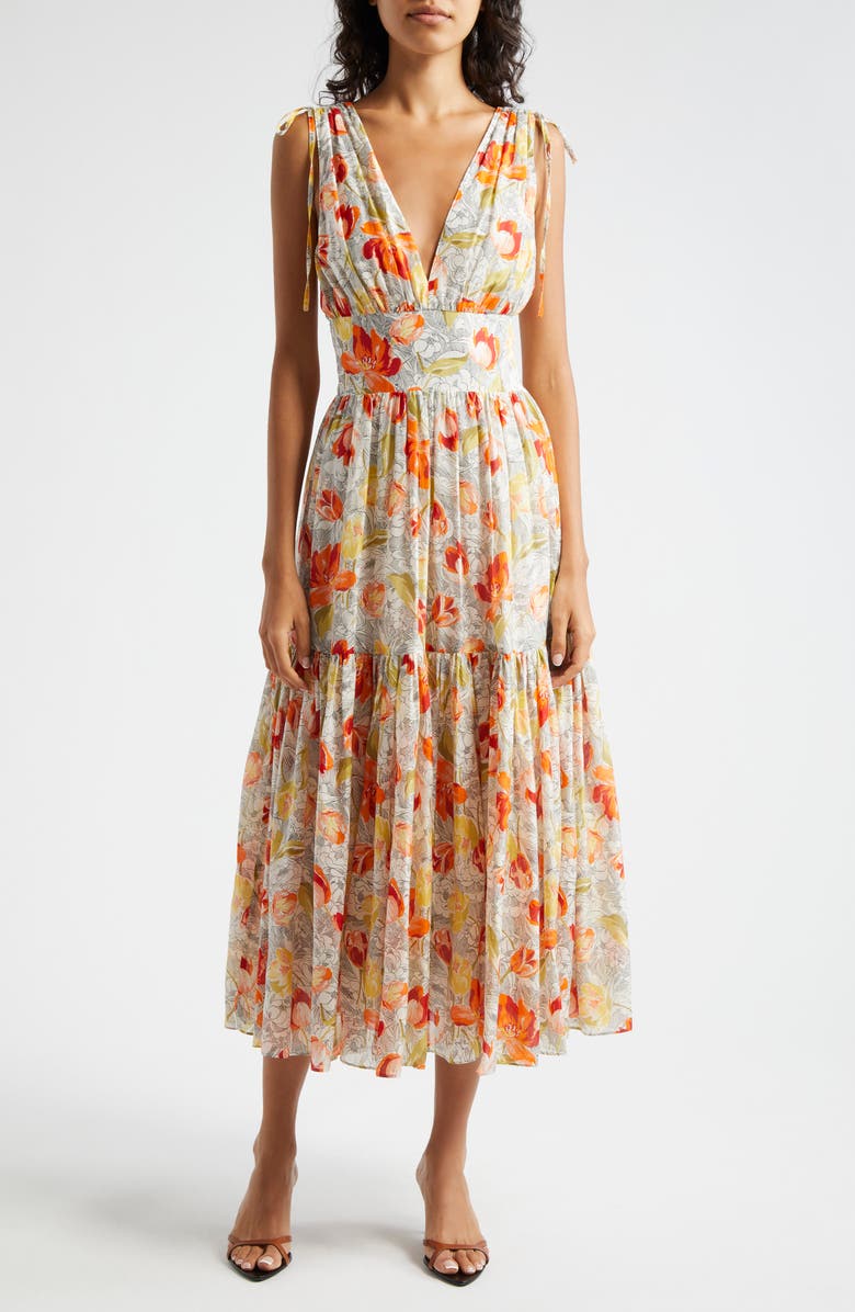 Cinq à Sept Pooja Floral Print Cotton & Silk Midi Dress | Nordstromrack