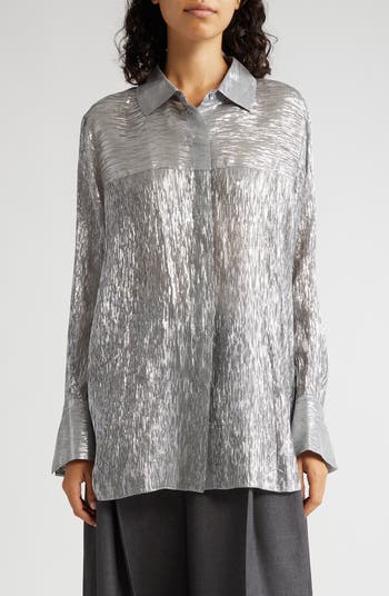 PARTOW Juliette Crinkled Metallic Silk Blend Button-Up Blouse | Nordstrom