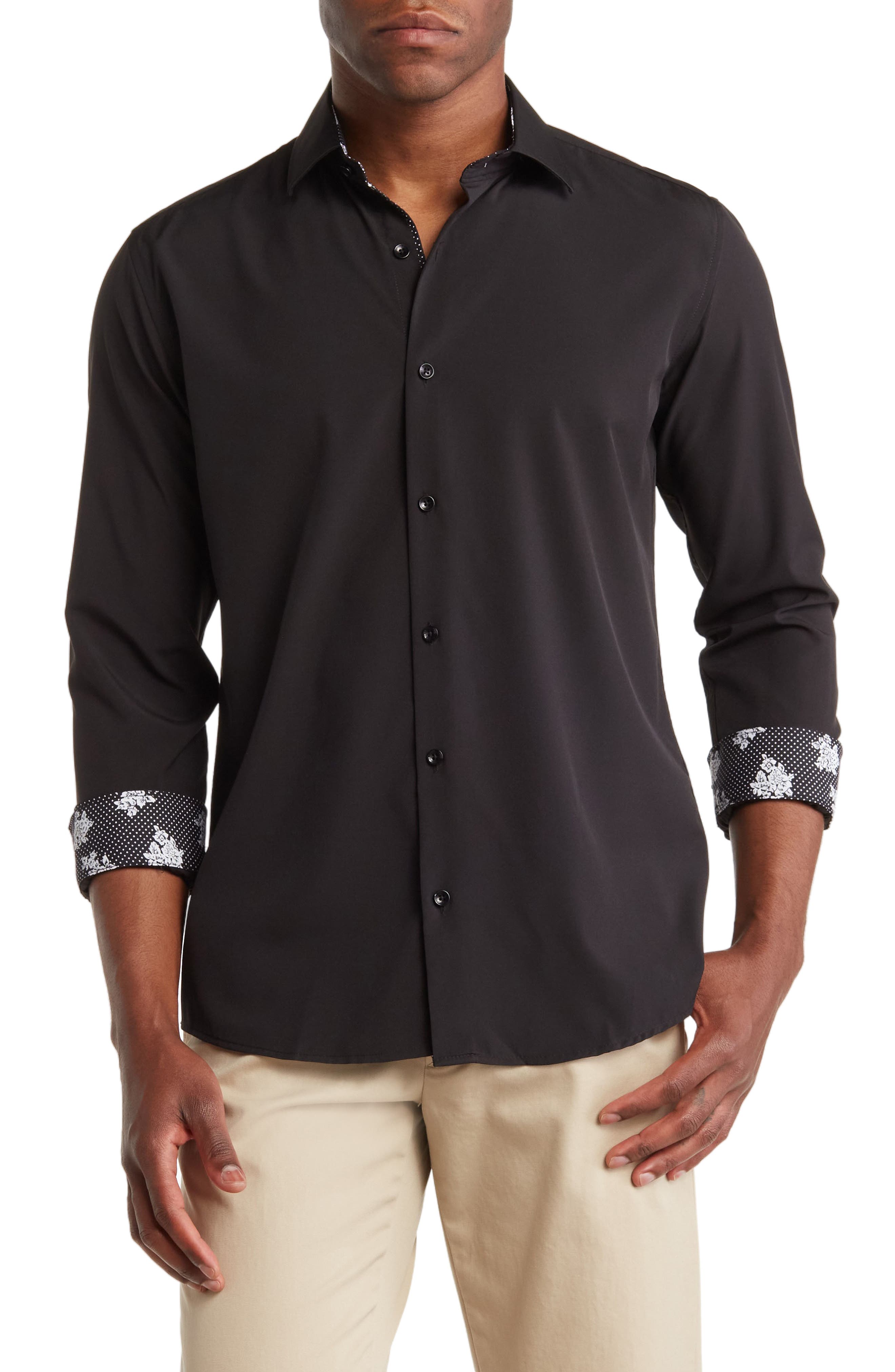 Slim Fit Performance Stretch Long Sleeve Button Front Shirt (Men ...