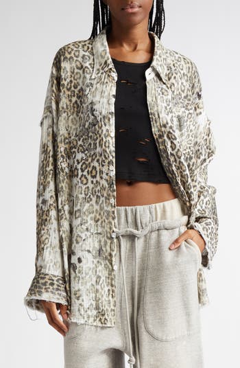 R13 Shredded Seam Drop Neck Leopard Print Button-Up Shirt R13 Shredded Seam Drop Neck Leopard Print Button-Up Shirt