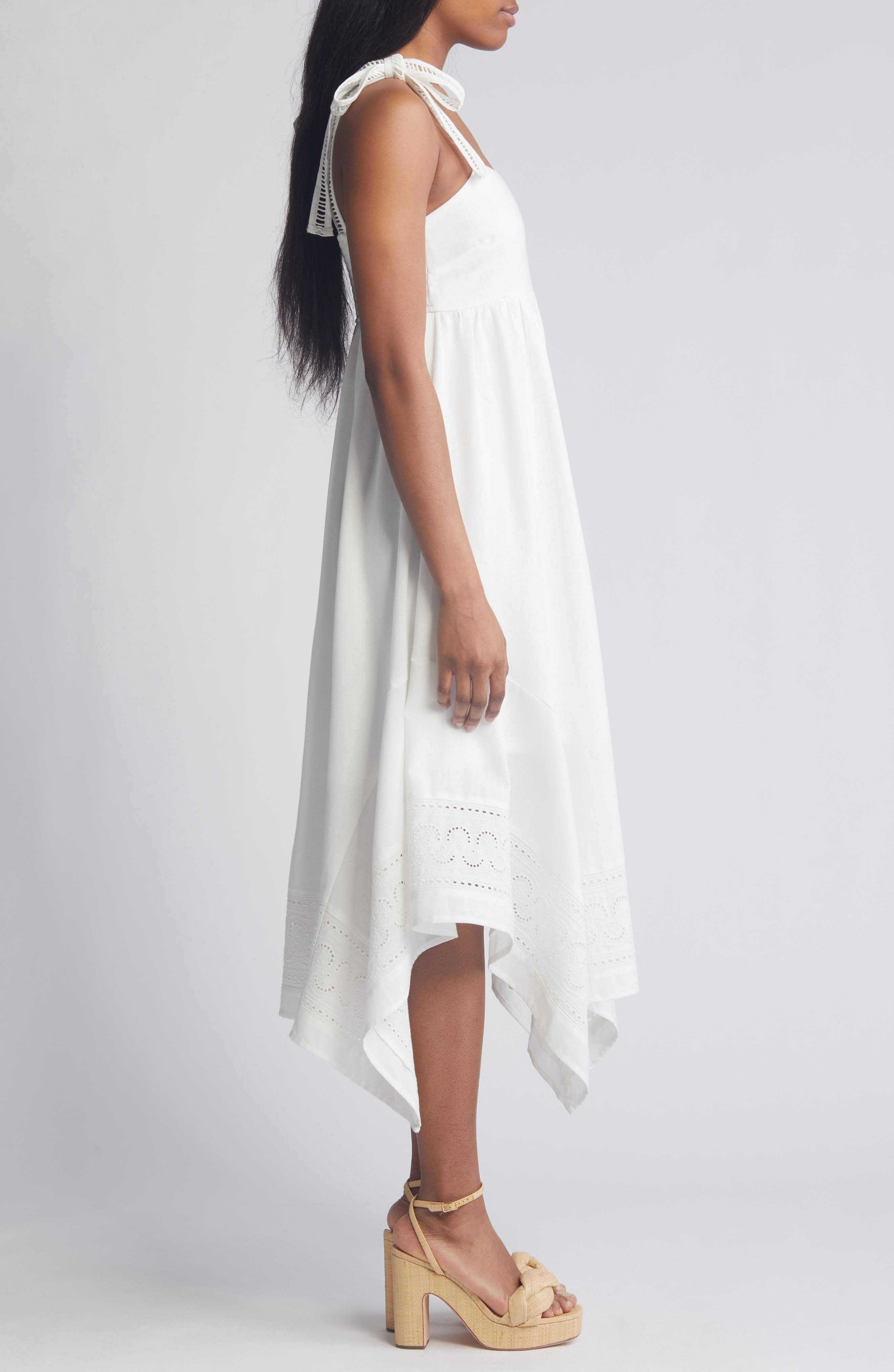 MOON RIVER Embroidered Handkerchief Hem Midi Sundress | Nordstromrack