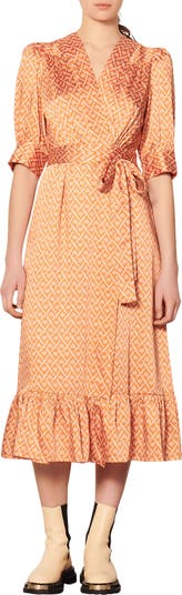 SANDRO Enrika Satin Wrap Midi Dress | Nordstrom