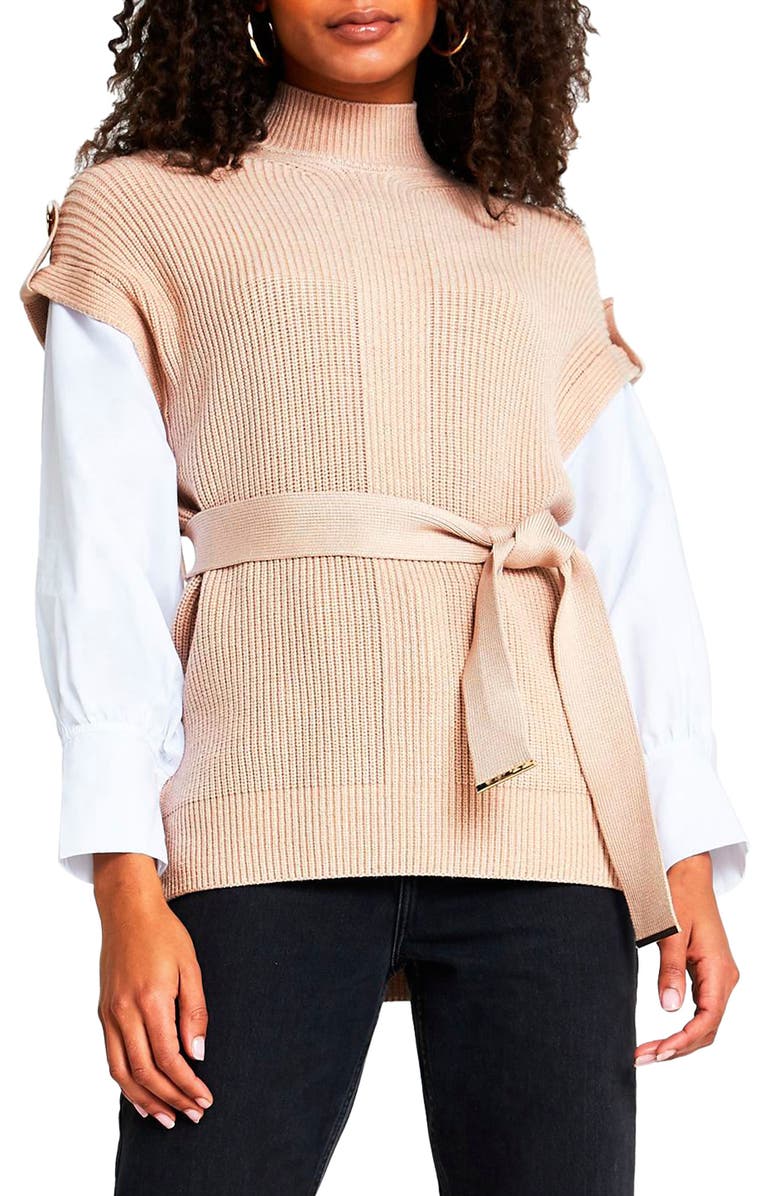 River Island Belted Knit Tabard with Poplin Sleeves | Nordstromrack