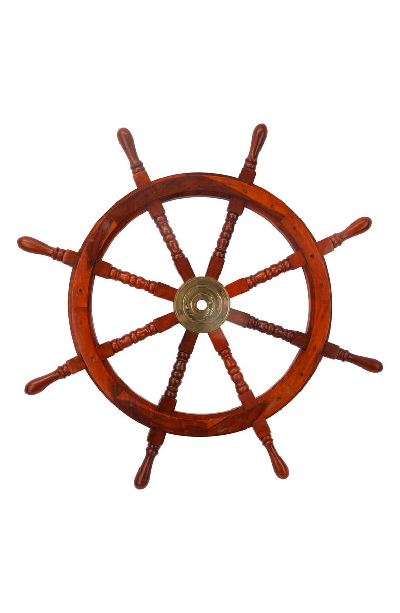 WILLOW ROW Red Wood Ship Wheel Sail Boat Wall Decor with Gold Hardware ...