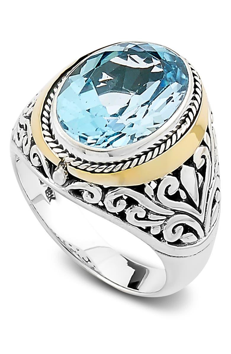 SAMUEL B. 18K Gold & Sterling Silver Oval Blue Topaz Filigree Ring ...