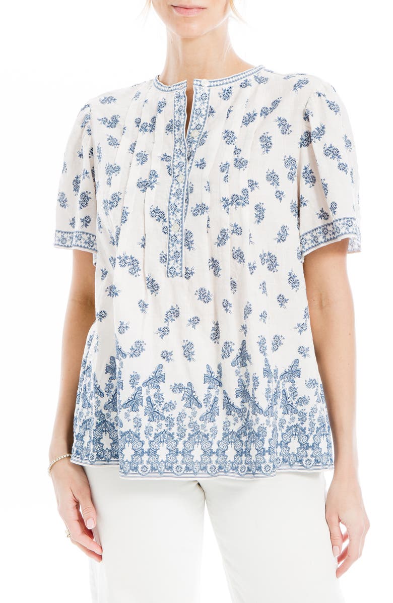MAX STUDIO Floral Pintuck Pleat Cotton Blend Top | Nordstromrack