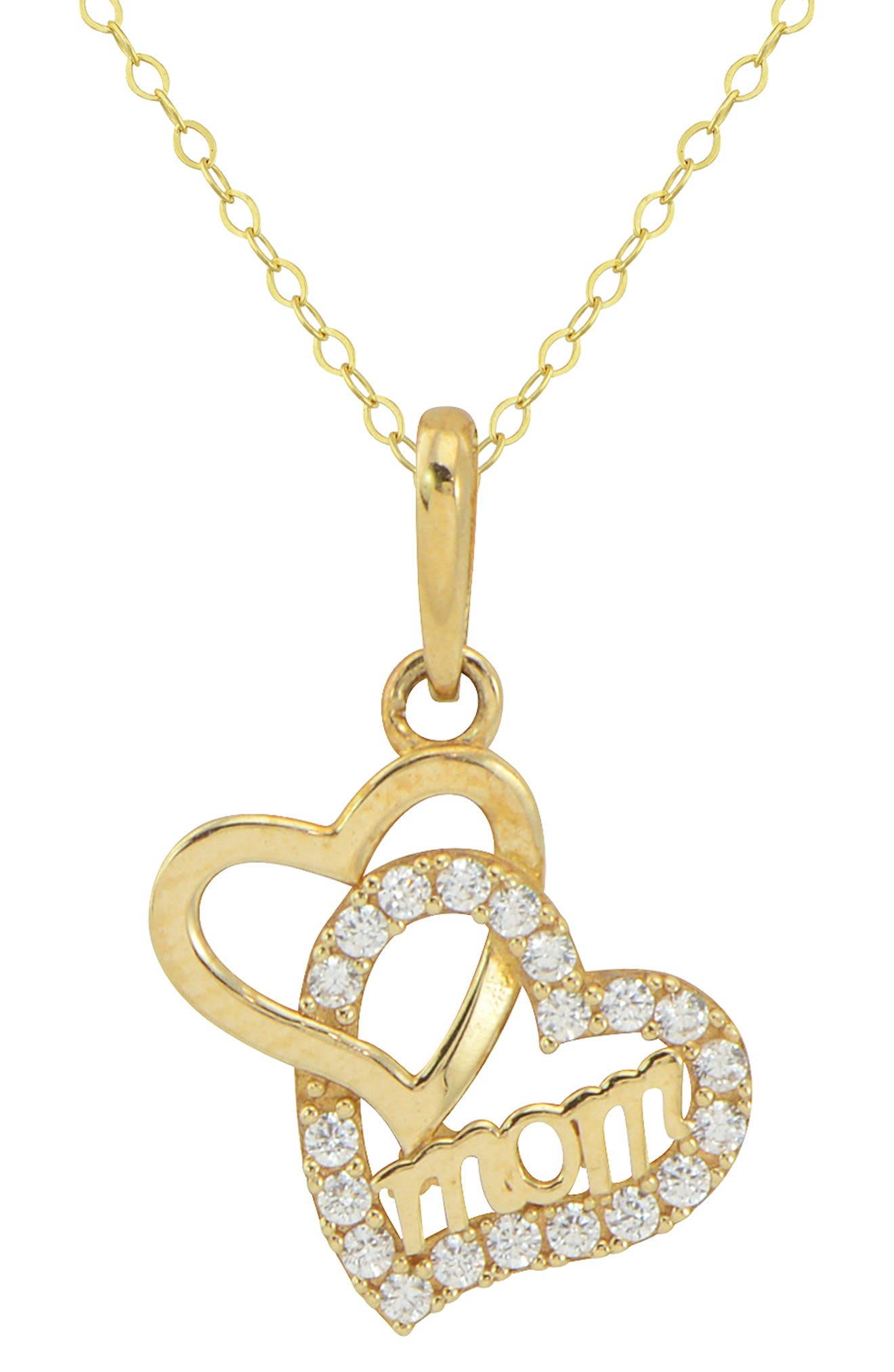 10K Yellow Gold Pave CZ Linked Heart Mom Pendant Necklace (Women ...