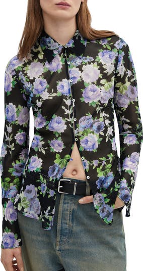 MANGO Sheer Floral Button-Up Shirt | Nordstrom