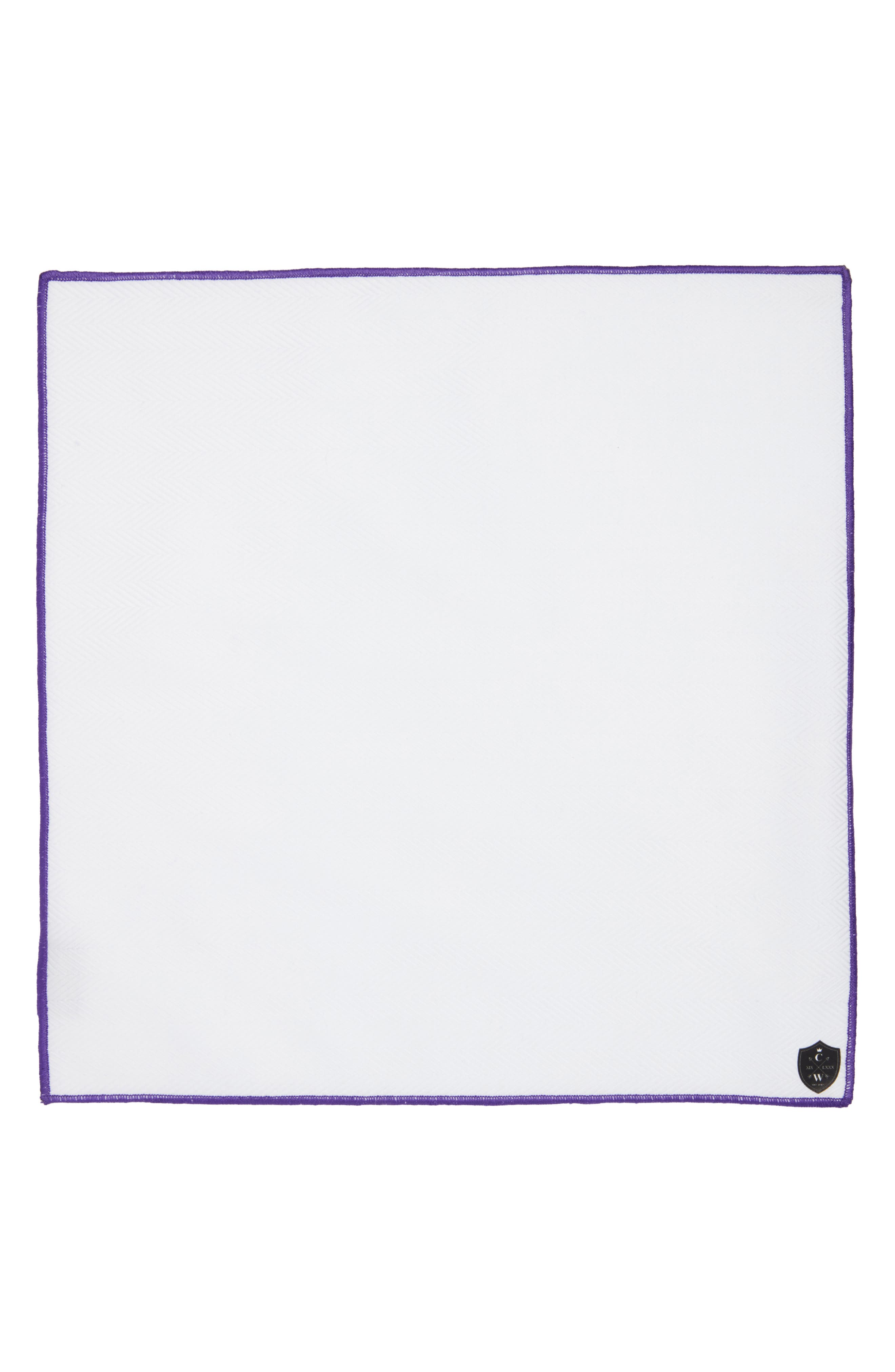 CLIFTON WILSON White Cotton Herringbone Pocket Square with Purple Trim ...