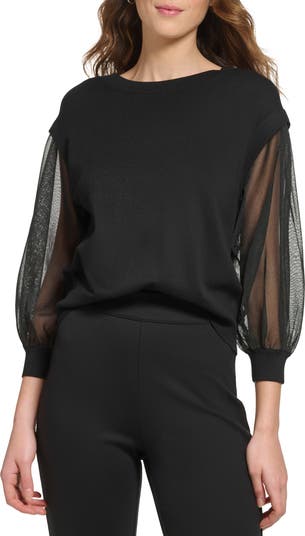 DKNY Sheer Sleeve Mixed Media Sweater | Nordstrom