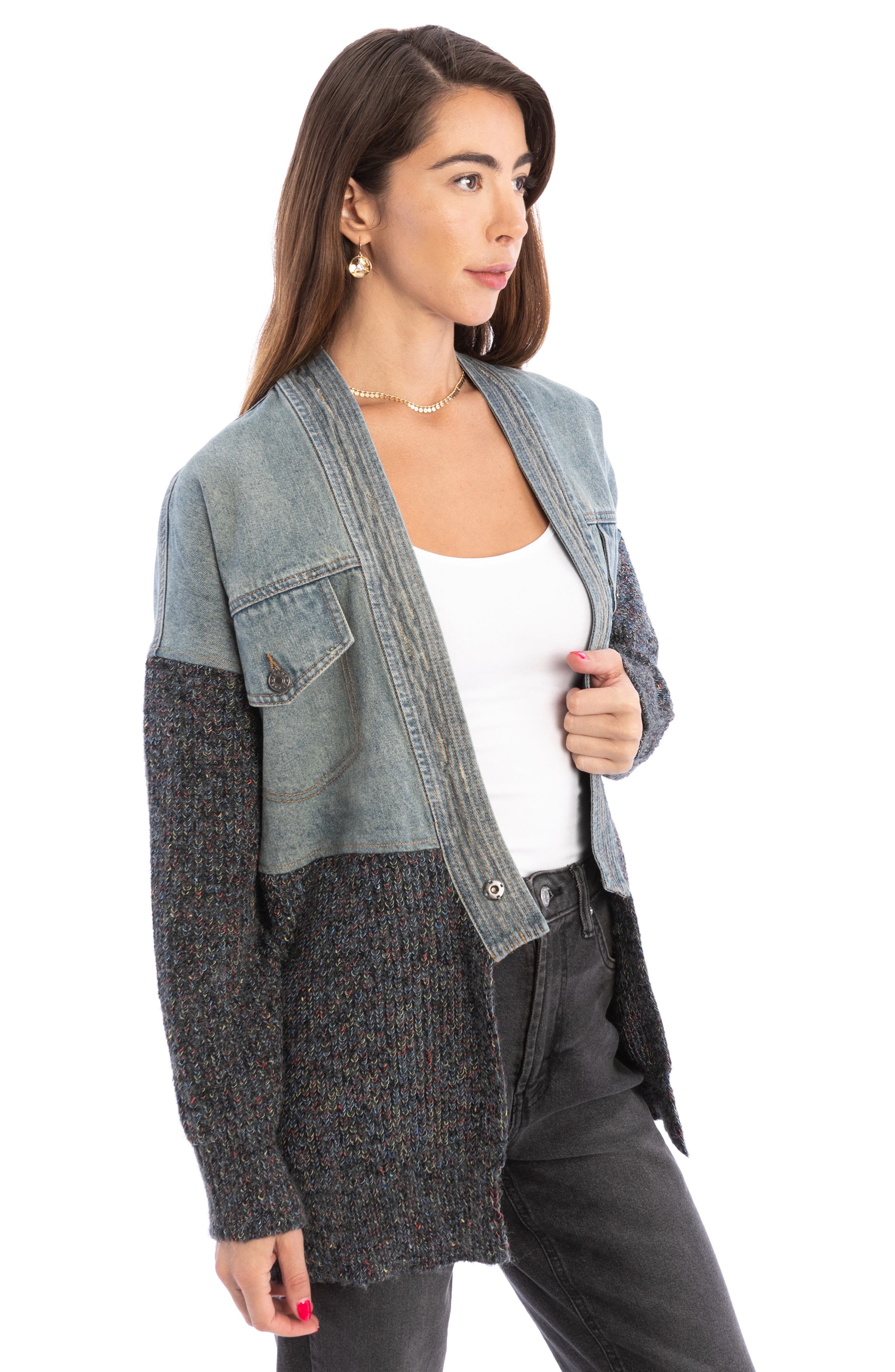 SAACHI Mixed Media Denim Cardigan | Nordstromrack