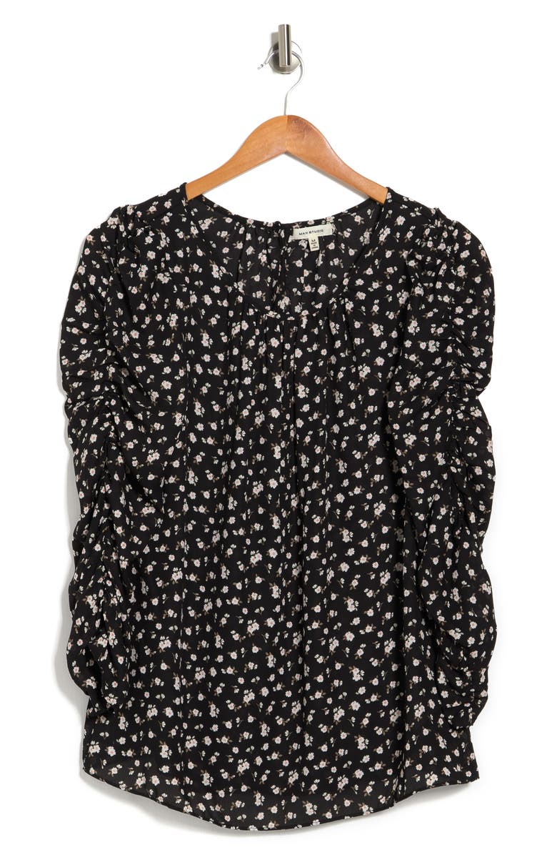 MAX STUDIO Floral Ruched Sleeve Crepe Blouse | Nordstromrack