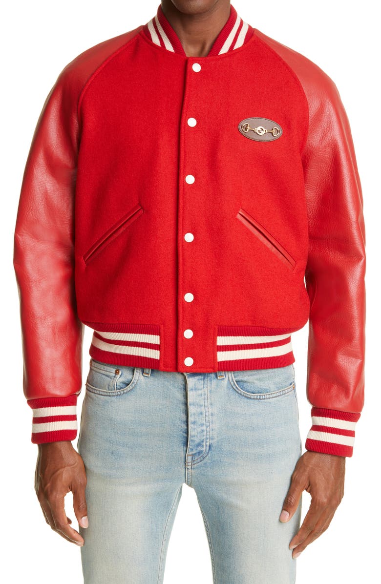 Gucci Horsebit Leather Sleeve Wool Varsity Bomber Jacket | Nordstromrack