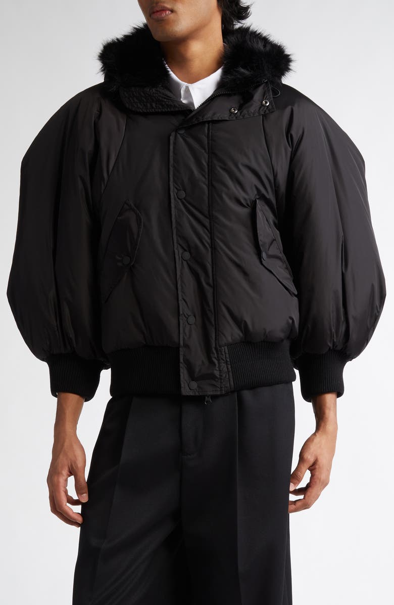 Simone Rocha Puff Sleeve Bomber Jacket with Faux Fur Trim Hood ...