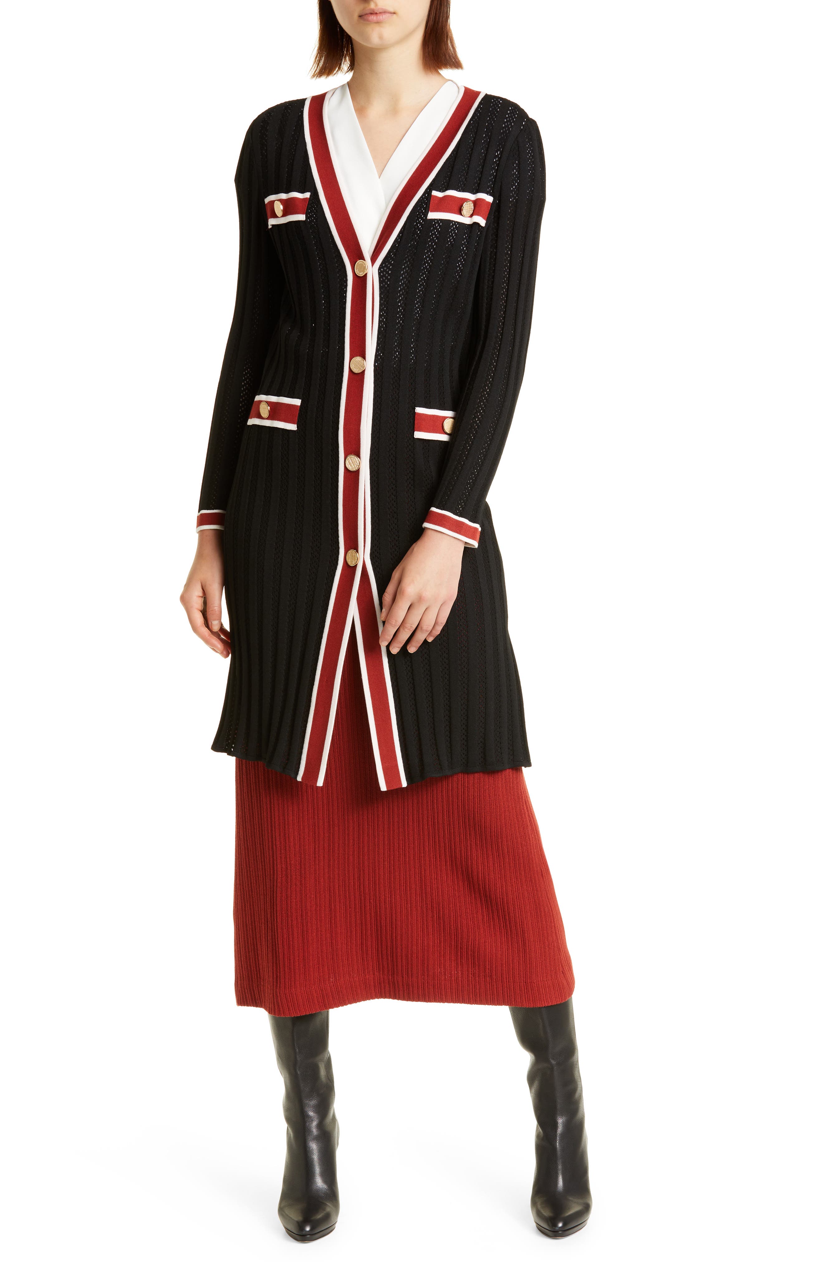 Misook Pointelle Contrast Trim Long Knit Jacket | Nordstromrack