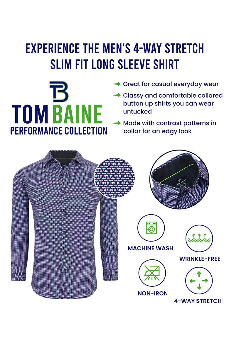 TOM BAINE Fish Print Long Sleeve Slim Fit 4-Way Stretch Shirt (Men ...