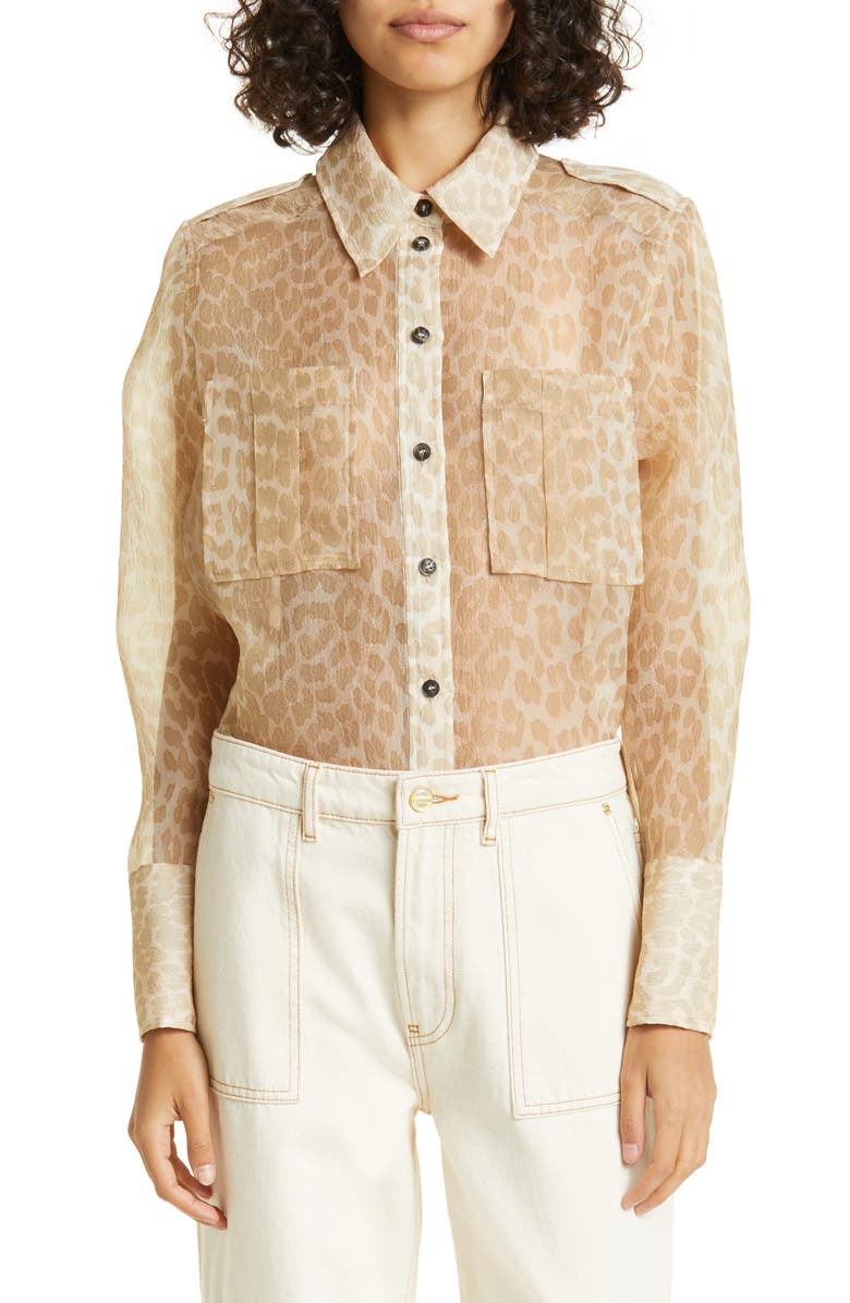 Ganni Leopard Print Sheer Button-Up Shirt | Nordstromrack
