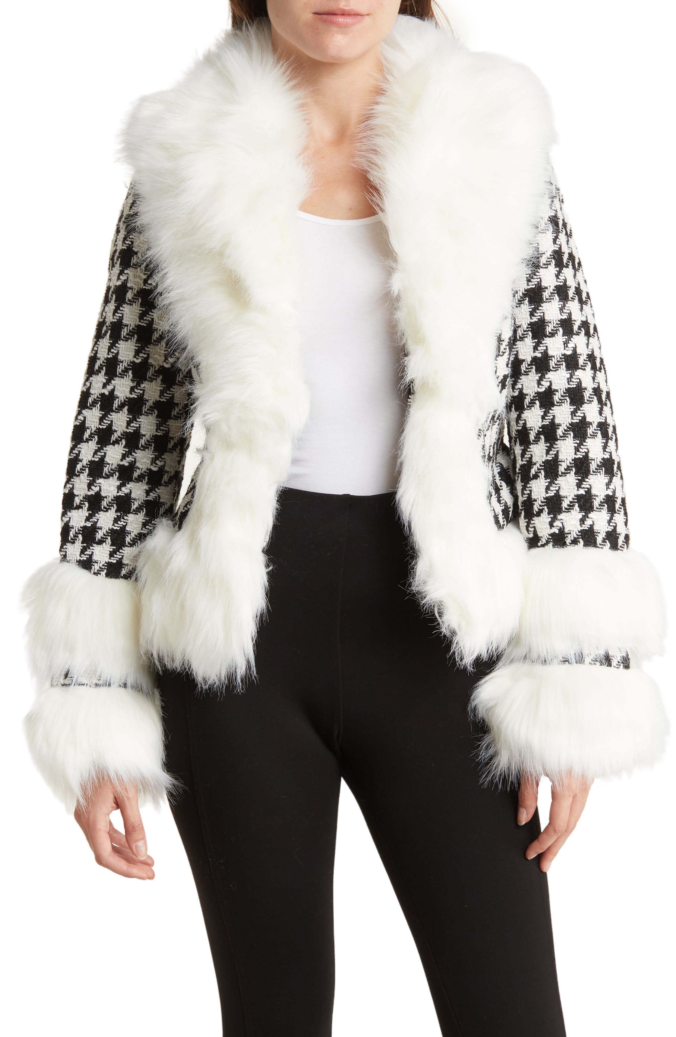AZALEA WANG Annetta Faux Fur Trim Houndstooth Jacket | Nordstromrack