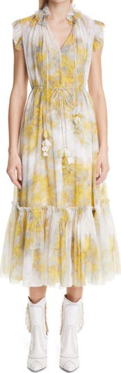 Zimmermann Botanica Wattle Print Petal Appliqué Silk Midi Dress | Nordstrom
