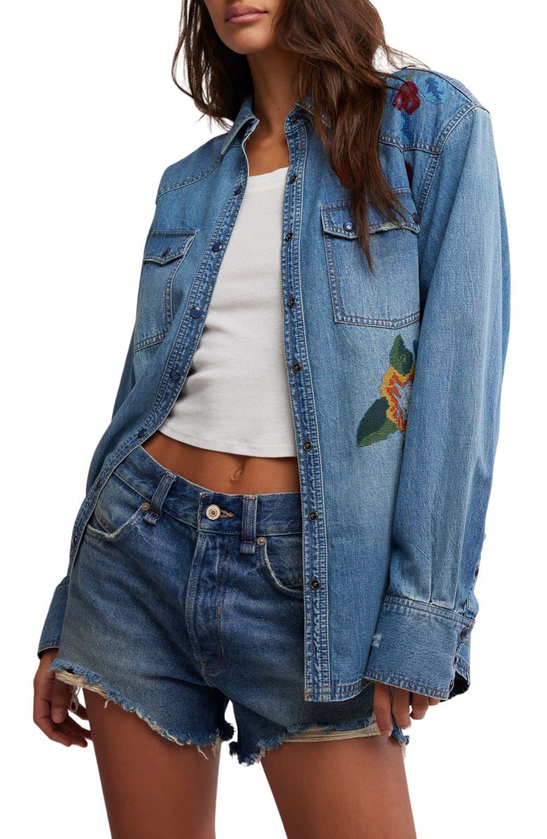 Free People Oh The Places You'll Go Oversize Embellished Denim Button ...