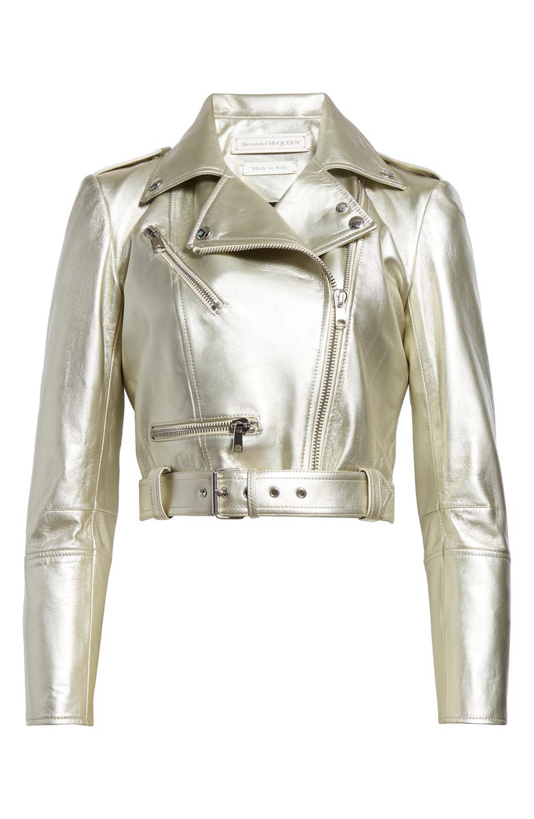 McQueen Crop Metallic Leather Moto Jacket | Nordstrom