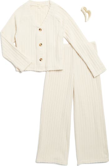 BTWEEN Kids' Ribbed Cardigan, Pants & Hair Claw Set | Nordstromrack