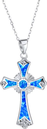 BLING JEWELRY Sterling Silver Opal & CZ Cross Pendant Necklace ...