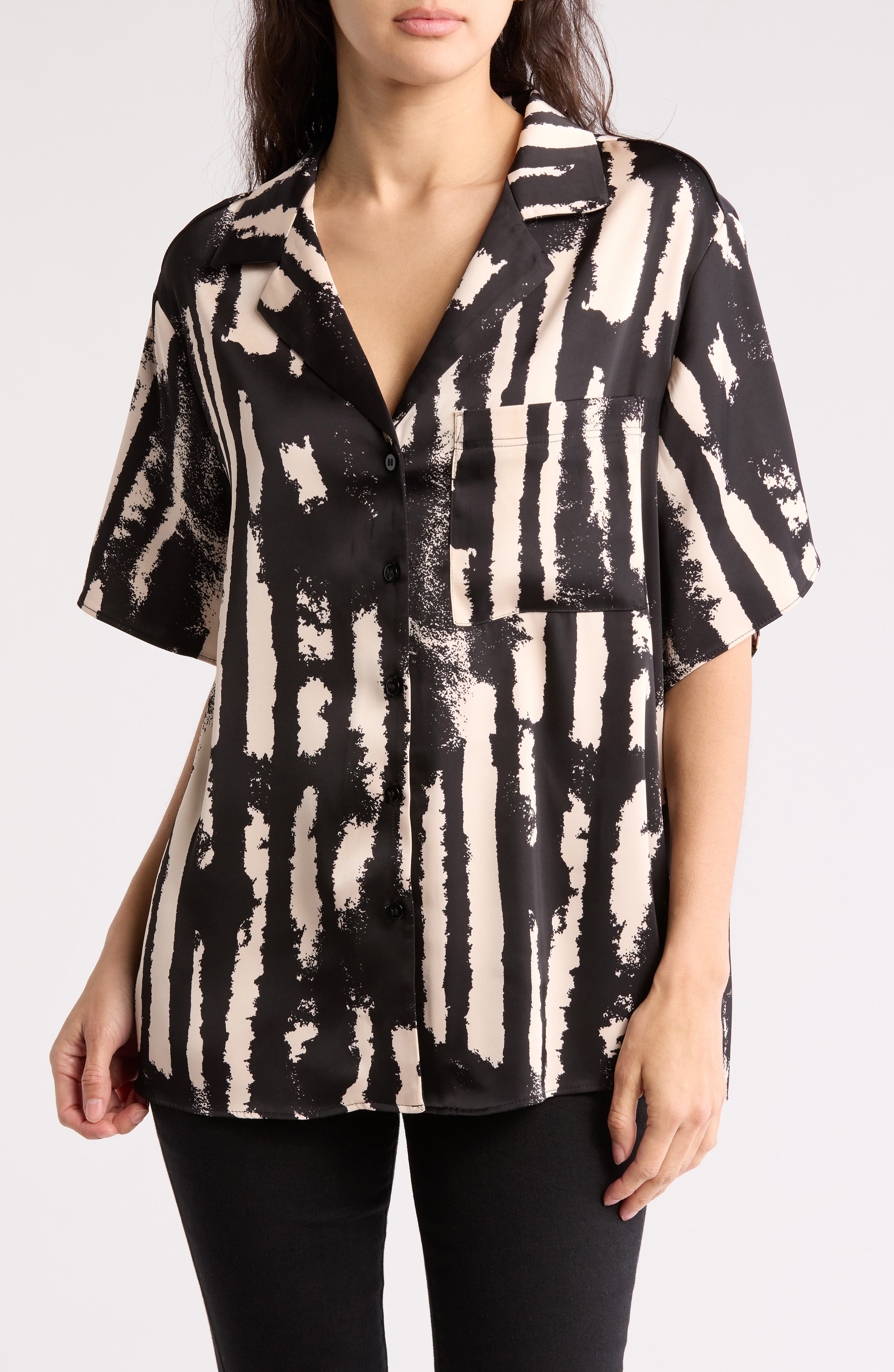 Topshop Abstract Print Short Sleeve Satin Button-Up Top | Nordstromrack