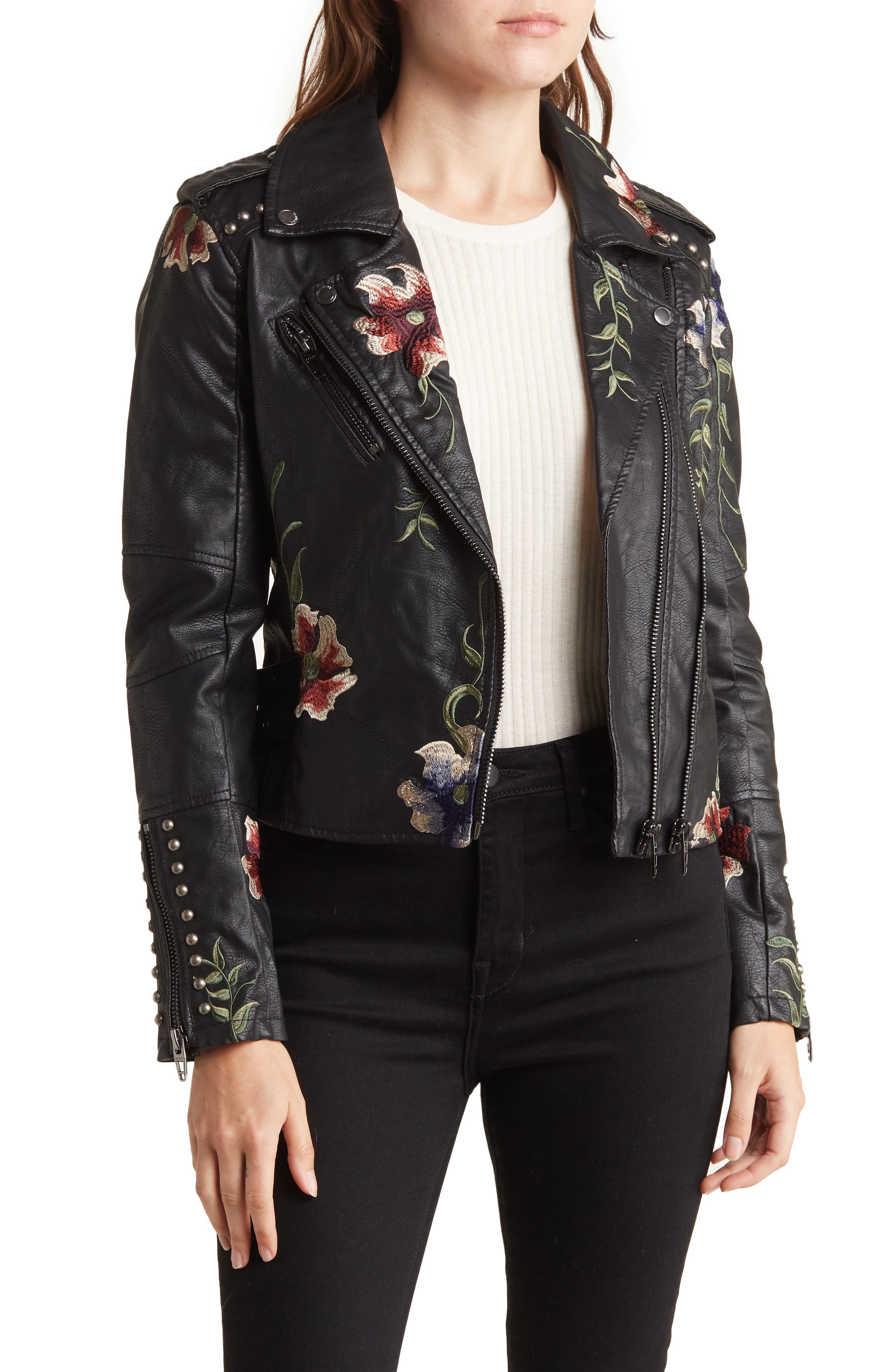 BLANKNYC Floral Embroidered Studded Faux Leather Moto Jacket ...