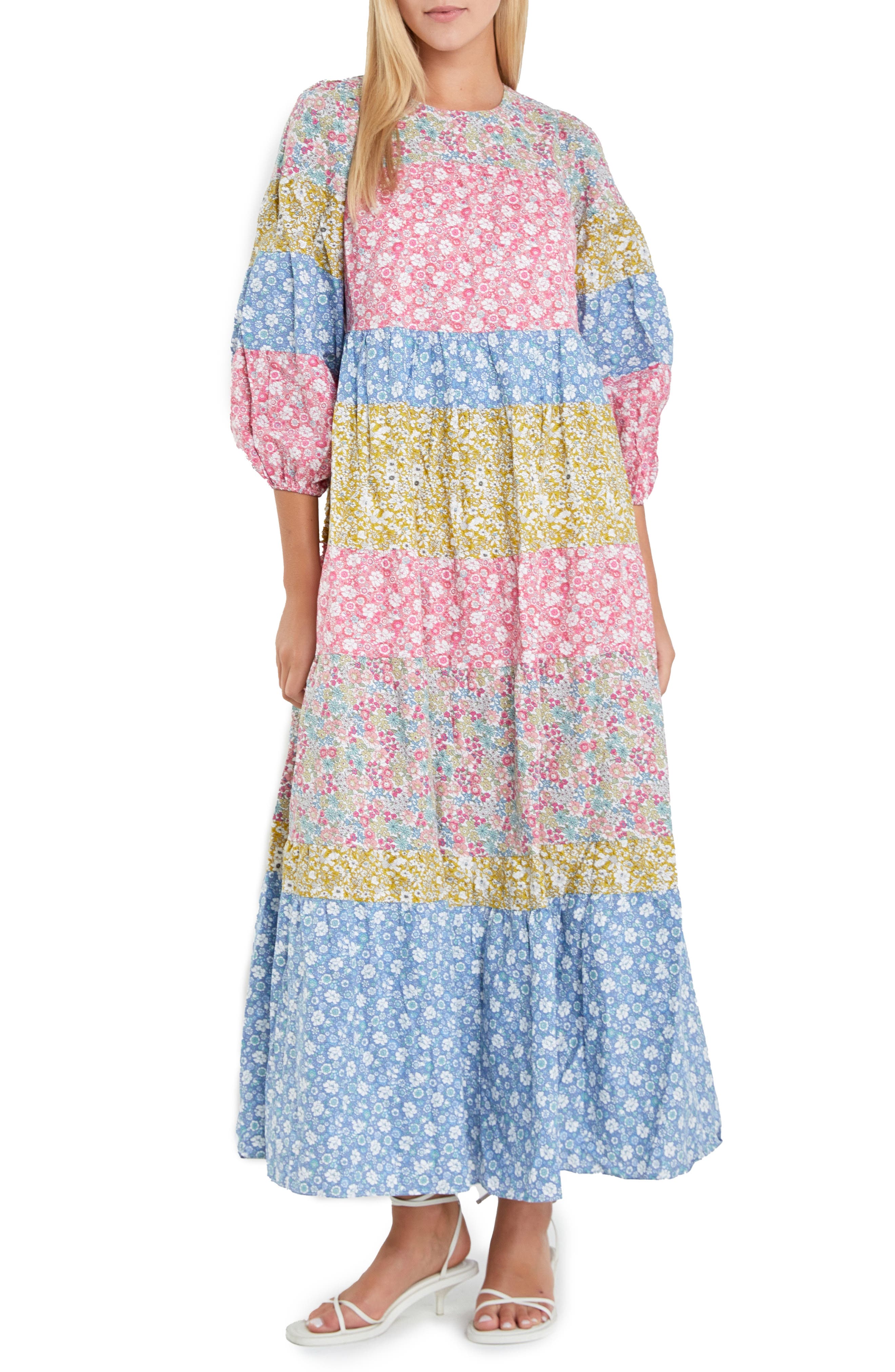 English Factory Colorblock Three-Quarter Puff Sleeve Maxi Dress ...