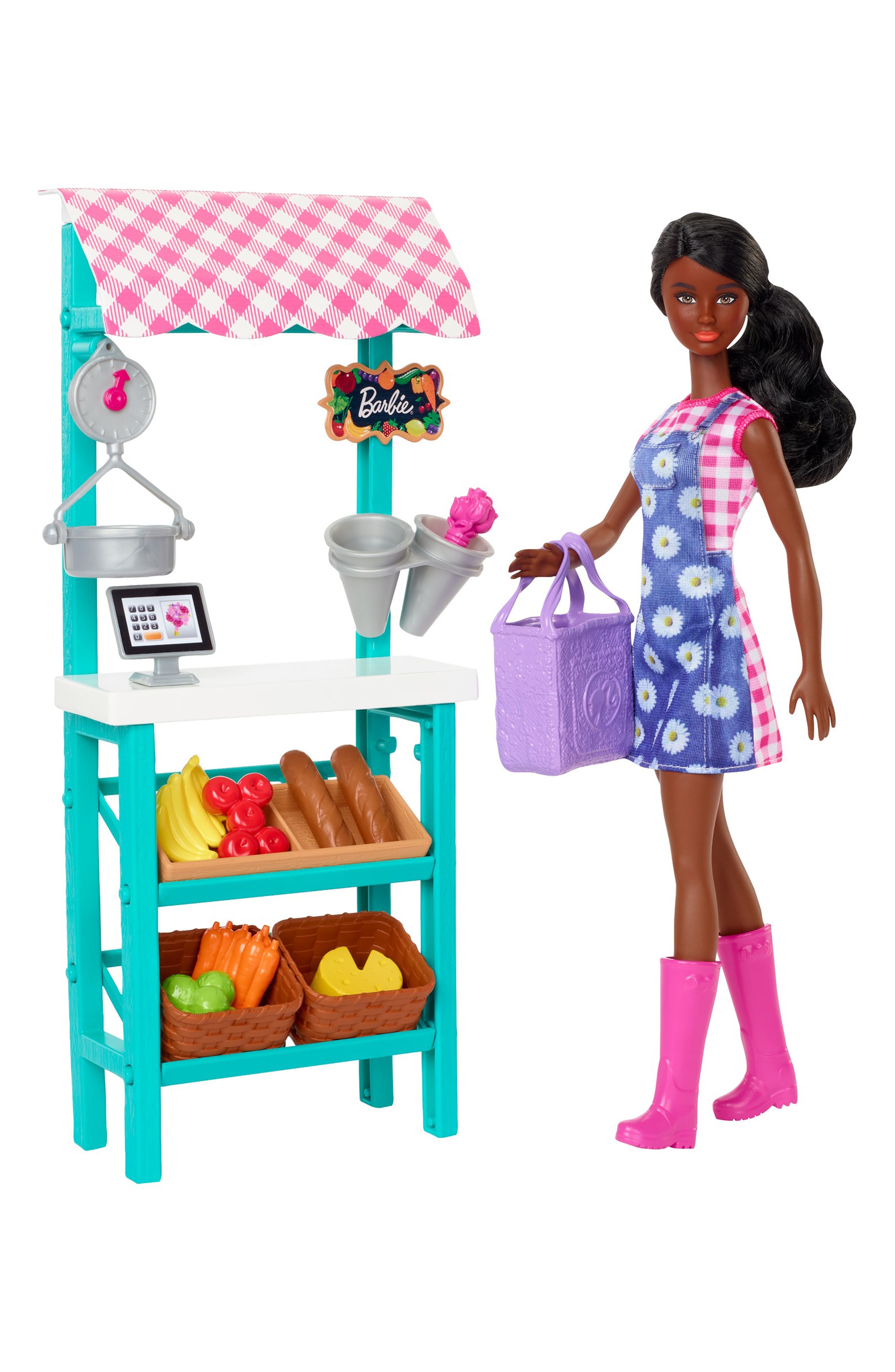 Mattel Barbie Farmers Market, Brunette Doll, Stand, Register Play Set ...