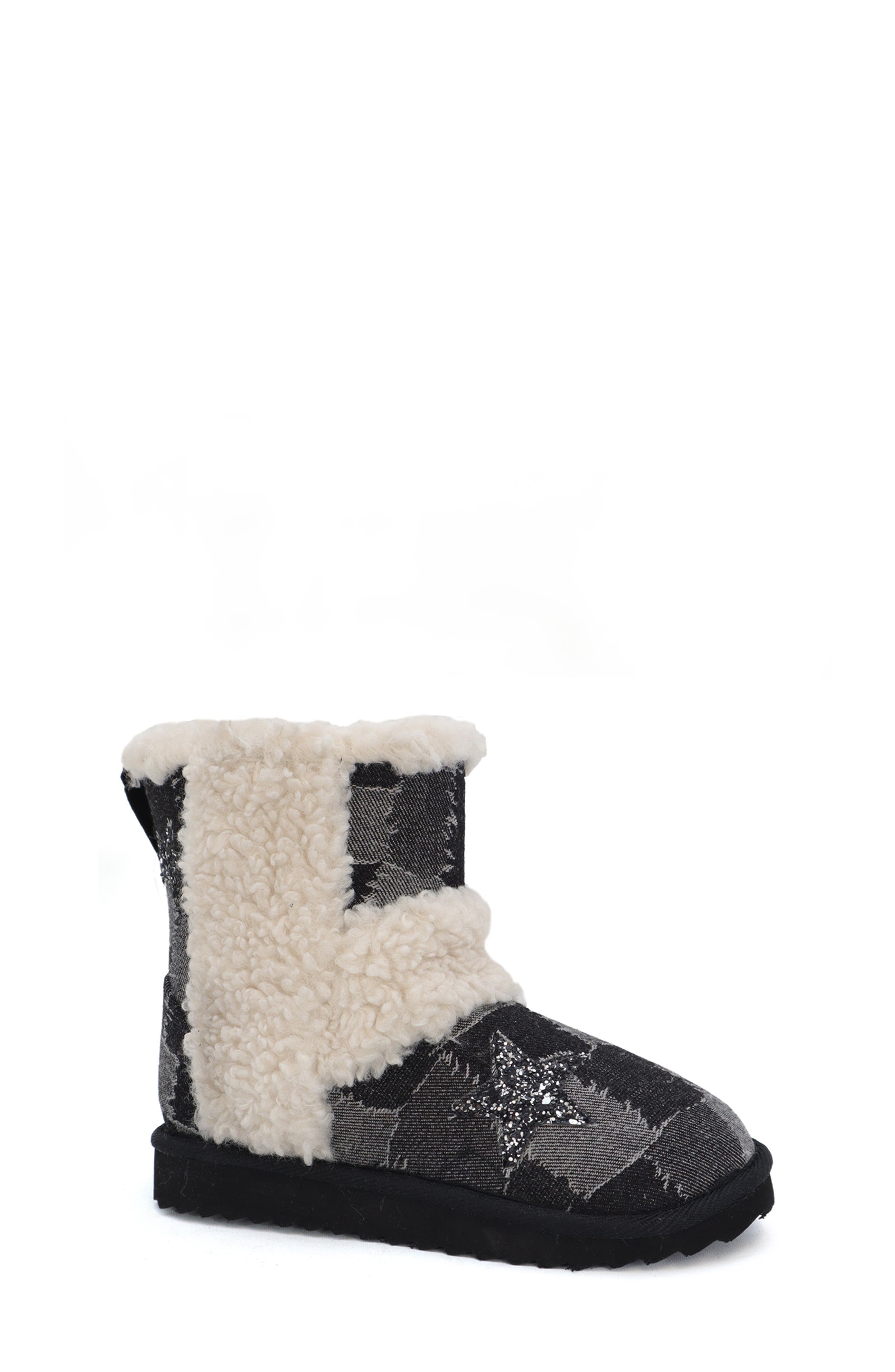 YOKI Kids' Nicky Faux Shearling Denim Patchwork Boot | Nordstromrack