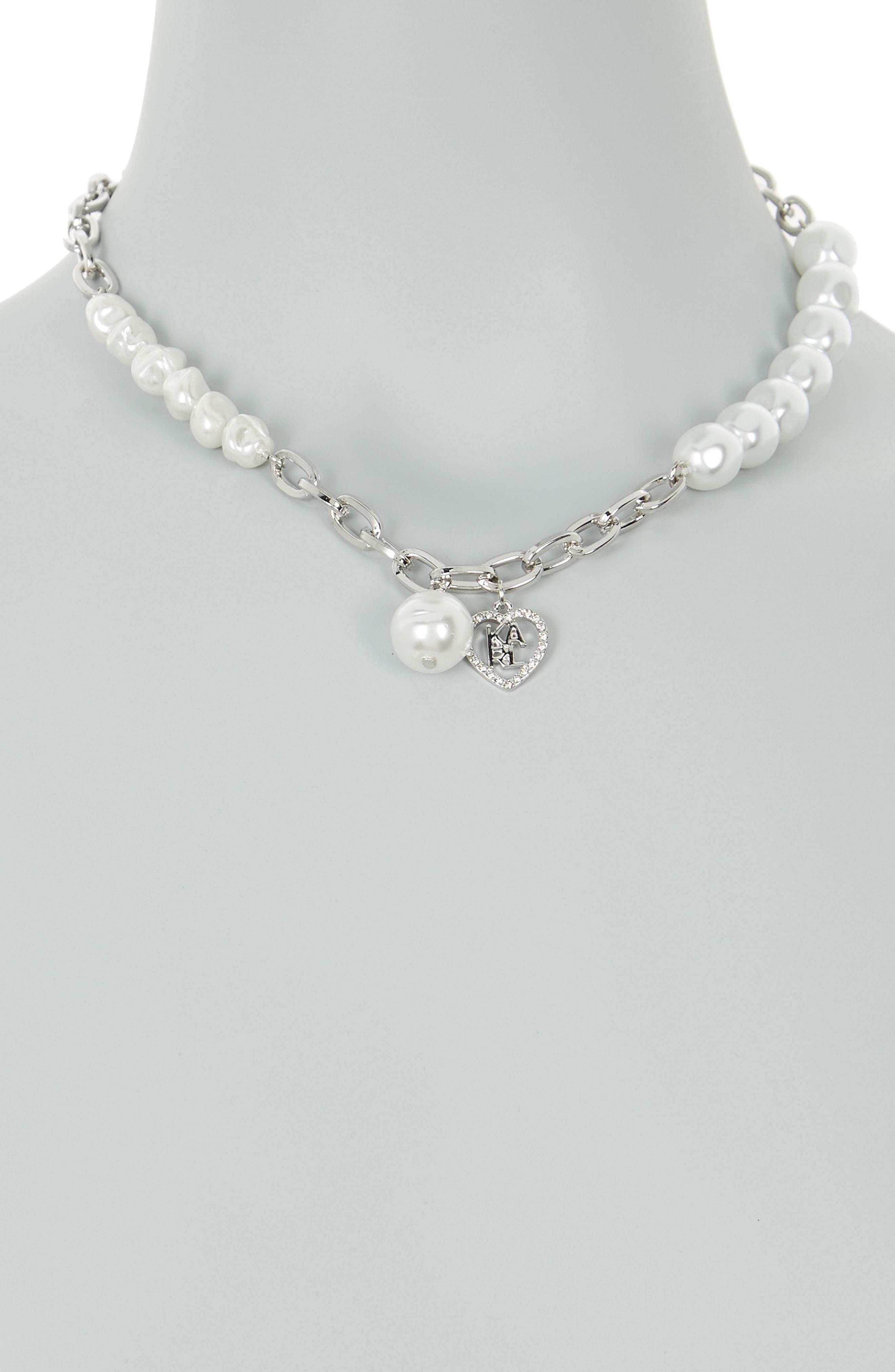 KARL LAGERFELD PARIS Silver-Tone Crystal & Faux Pearl Chain Necklace ...
