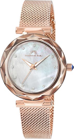 PORSAMO BLEU Hazel White Topaz Mother of Pearl Dial 3-Hand Quartz Mesh ...