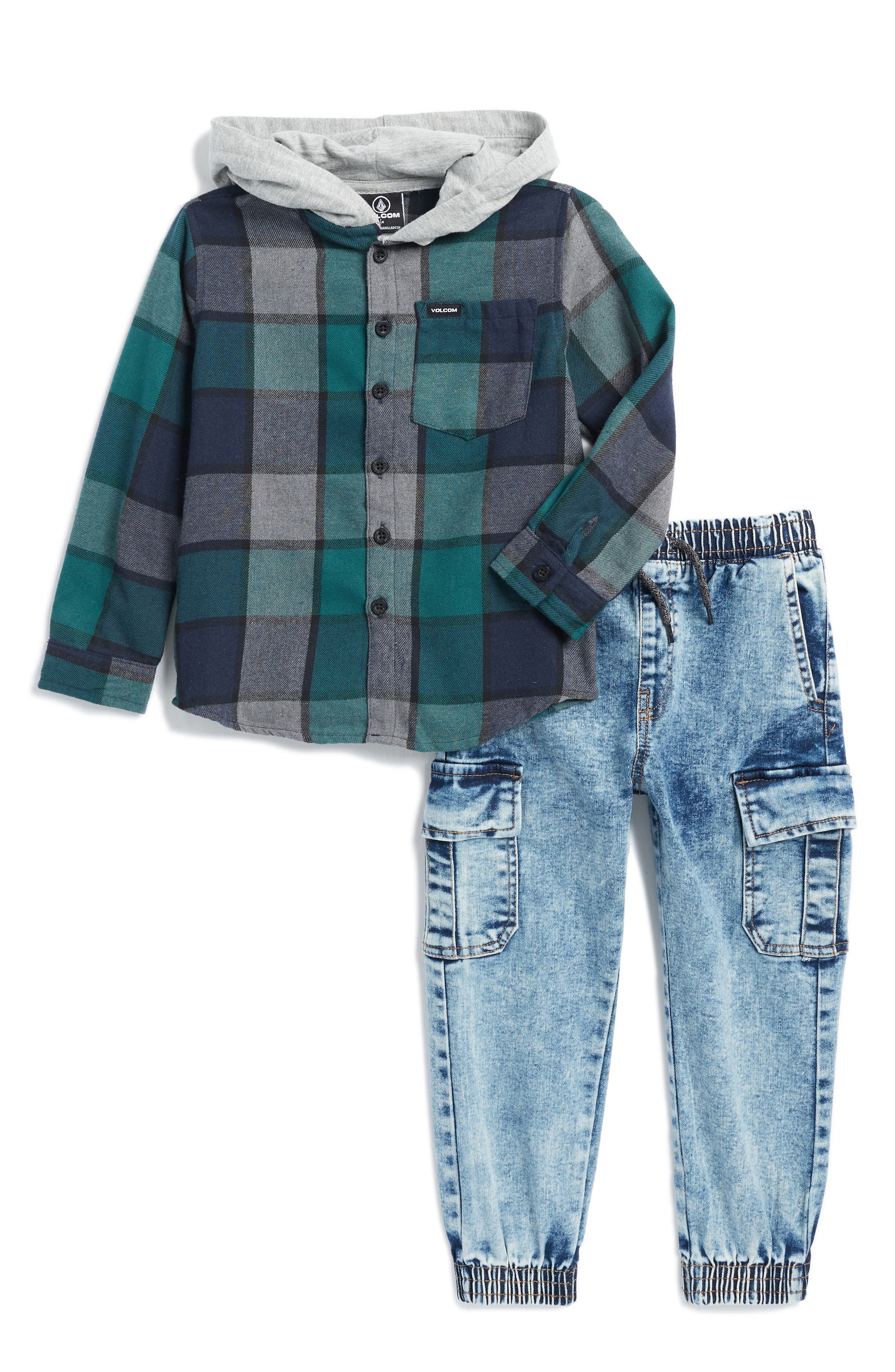 VOLCOM BABY Kids' Plaid Shacket & Denim Joggers Set | Nordstromrack