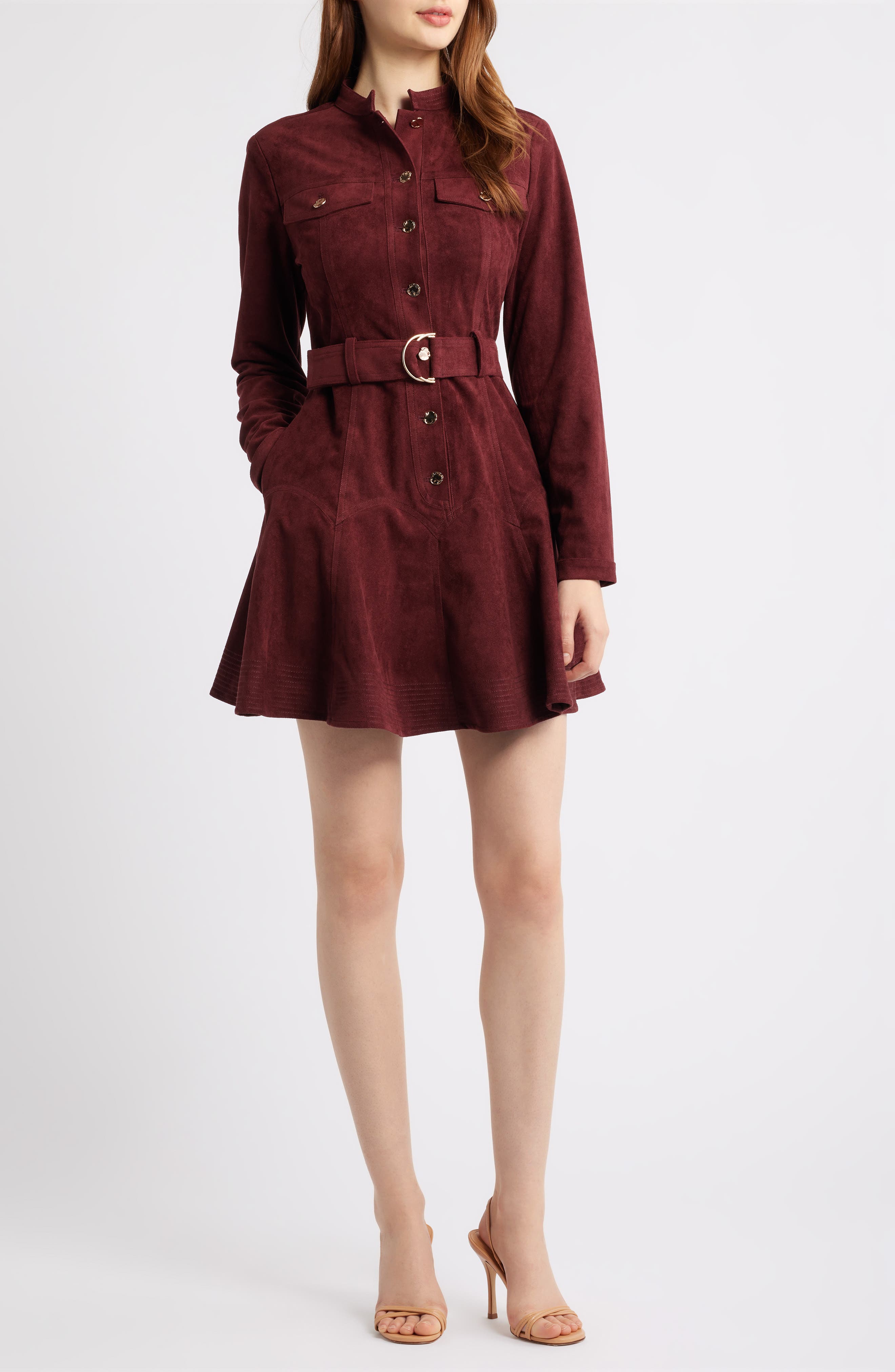 CIEBON Laurie Long Sleeve Belted Faux Suede Shirtdress | Nordstrom